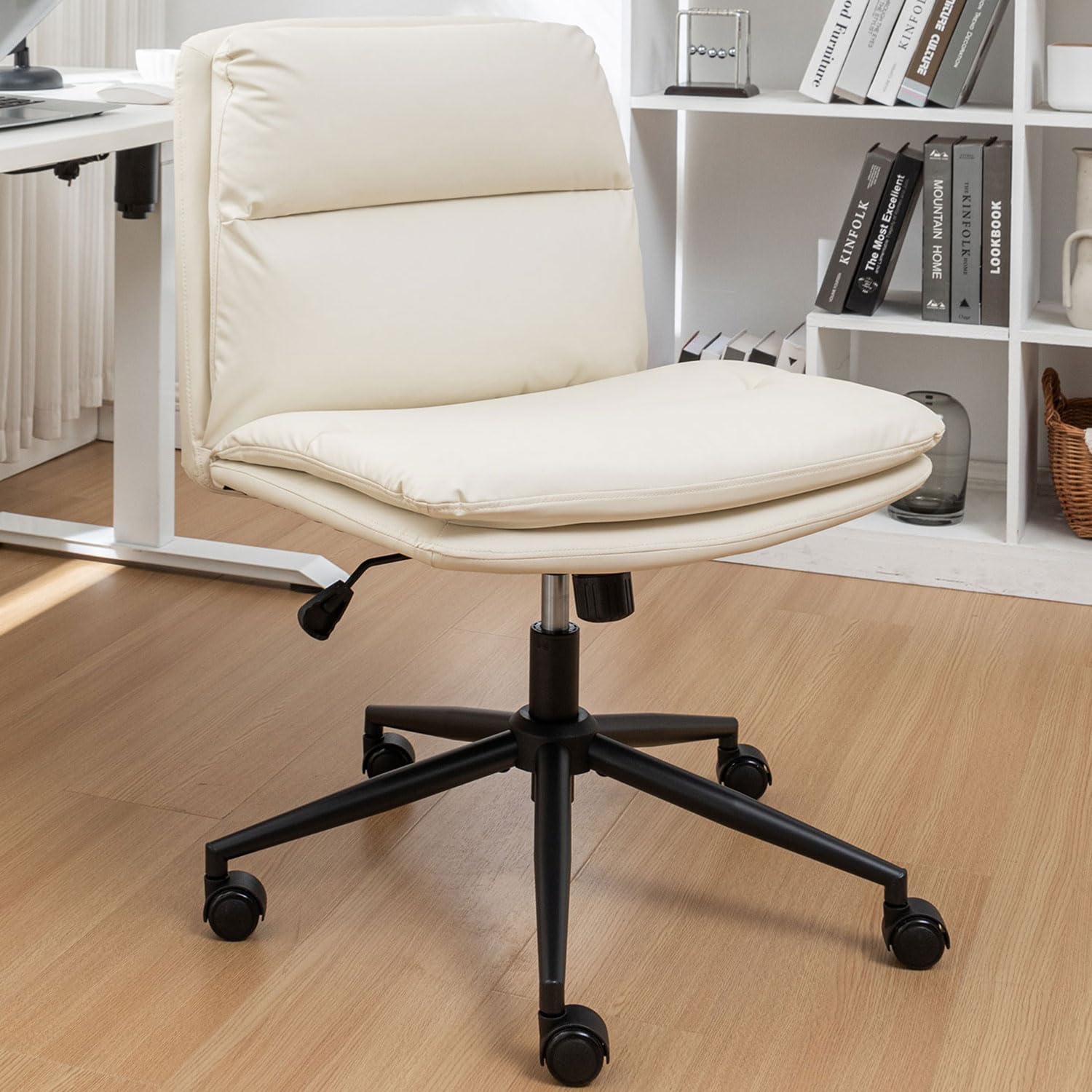 Riknuxi Criss Cross Chair with Wheels, Ergonomic Home Office Desk Chairs with Black Base, Modern Vanity Chair for Home, Office, Make Up (White)