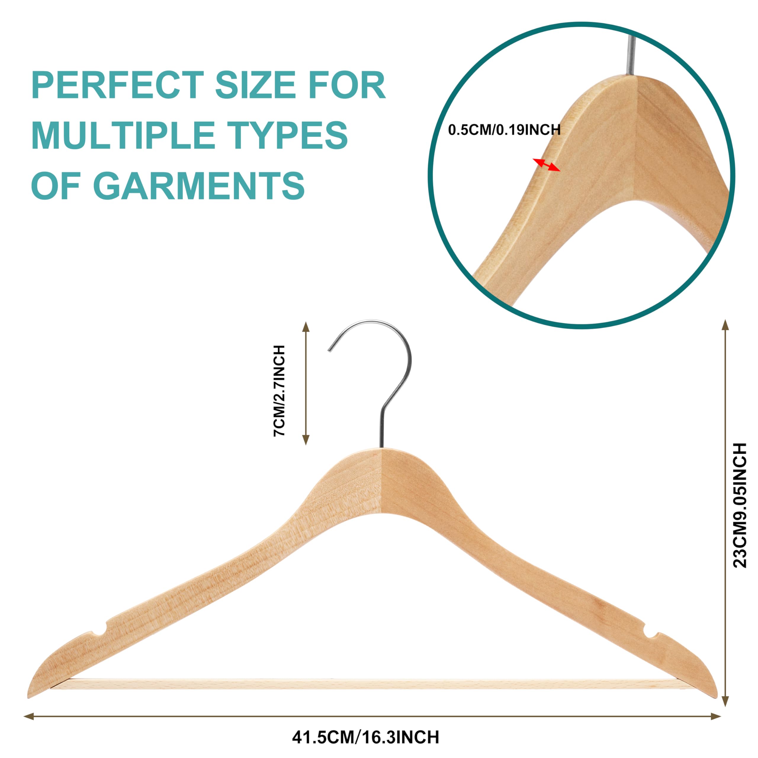 Quality Hangers 16.5" Wooden Hangers Multi Pack, Ultra Thin Space Saving Natural, 360 Degree Swivel Hook, Best for Shirts, Blouses, Pant, Suit, Coat, Dress Hangers Natural (20, Natural, With Pant Bar)