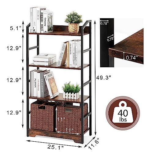 Vagusicc 4 Tier Bookshelf with 2 Storage Baskets, Tall Bookcase Shelf Storage Organizer Wood Book Shelf, Modern Shelf Rack Shelves with Steel Frame, Multipurpose Bookshelf for Bedroom Living Room