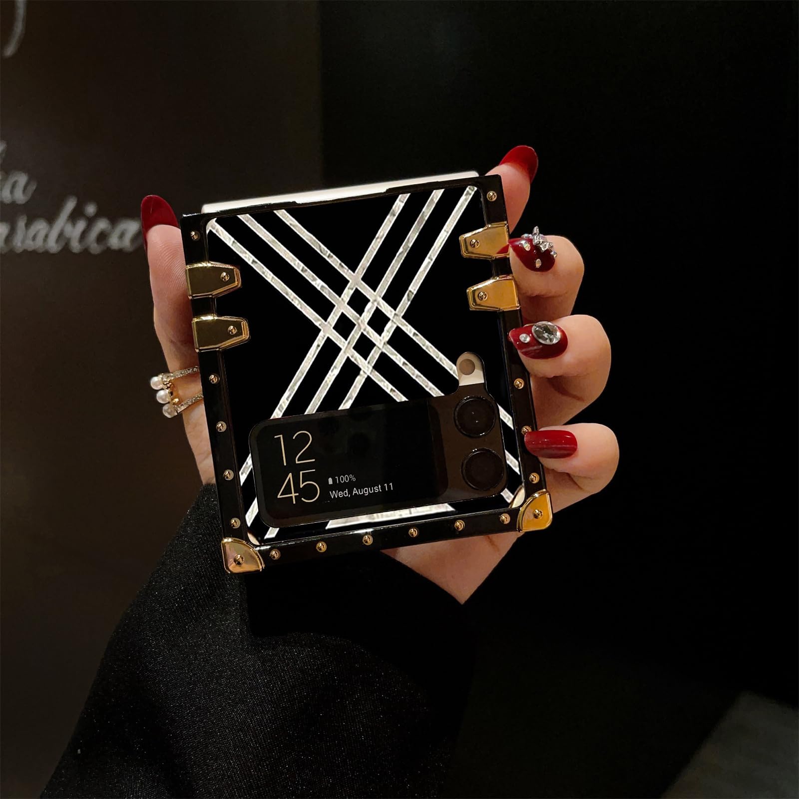 Ephoou for Samsung Galaxy Z Flip4 5G Case for Women,Square Rivet Metal Corner Design Phone Case Cover with Bling Diamond Ring Suitable for Samsung Galaxy Z Flip4 5G 6.7" BF-Black