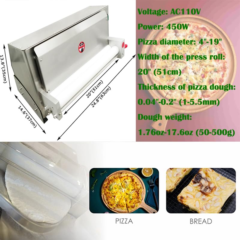 HQHAOTWU Commercial Pizza Dough Roller Sheeter, 19in Electric Pizza Dough Roller, 450W Stainless Steel Pastry Press Making Machine