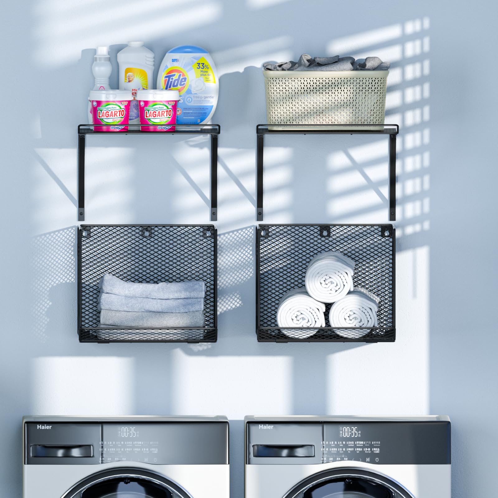 QHH Laundry Room Shelves Wall Mounted with Floating Shelves with Wire Storage Basket, Over The Washer and Dryer Shelf with Clothes Drying Rack, Wire Shelves Baskets for Laundry Organization