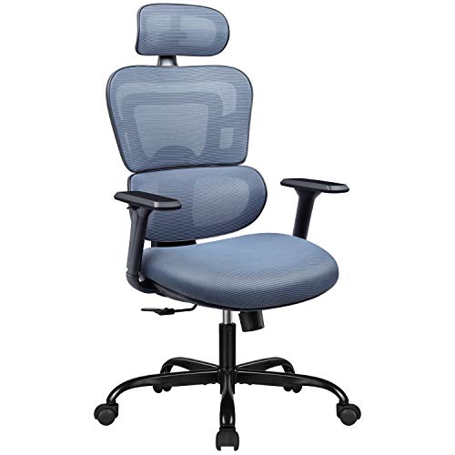 Furmax Ergonomic Office Chair Computer Desk Chair Mesh Fabric High Back Swivel Chair with Adjustable Headrest and Armrests Executive Rolling Chair with Curved Lumbar Support (Gray)