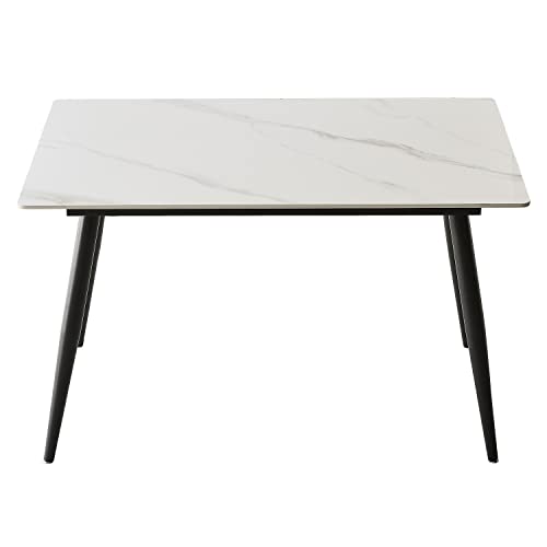 seonyou Dining Table Slate Stone with Sturdy Black Metal Base, White Mid Century Modern Dining Table Kitchen Tables for Small Spaces Rectangular Dining Room Table Restaurant(47“L)