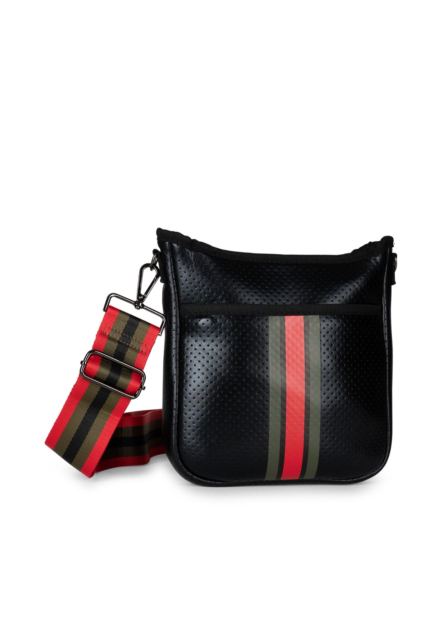 Haute Shore - Jeri Bello Crossbody Tote, Black Coated W/Olive, Black, & Red Stripe