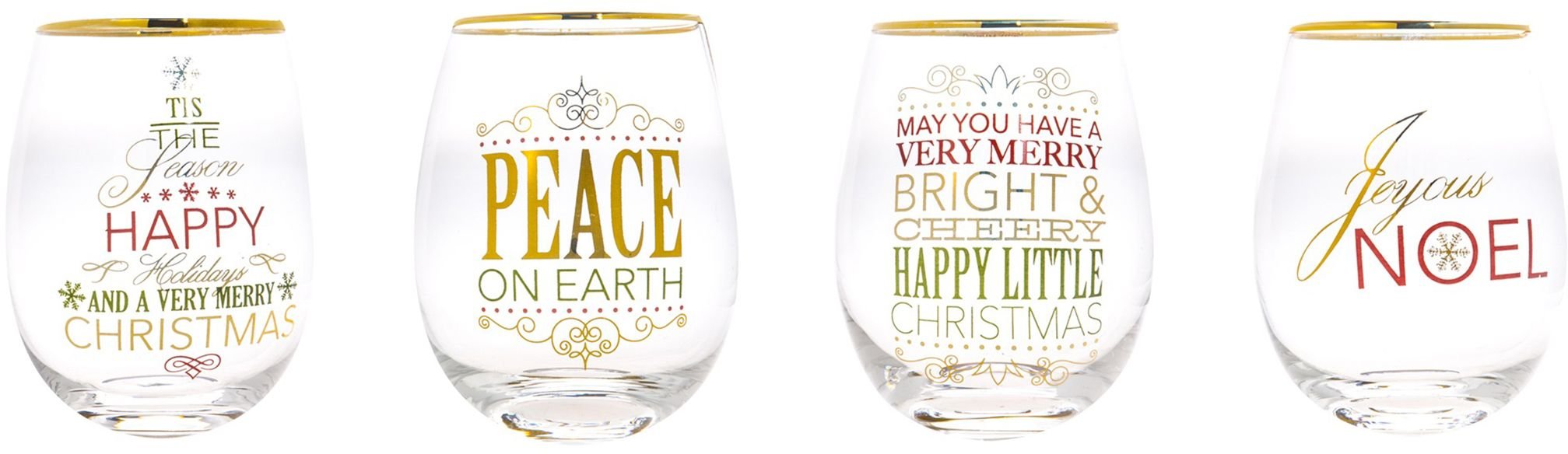Elegant Home Set of Four (4) 19oz Holiday Festive Christmas Theme - Merry Christmas, Peace Joyous, Stemless Clear/Gold Wine Glasses For Red Or White Wine