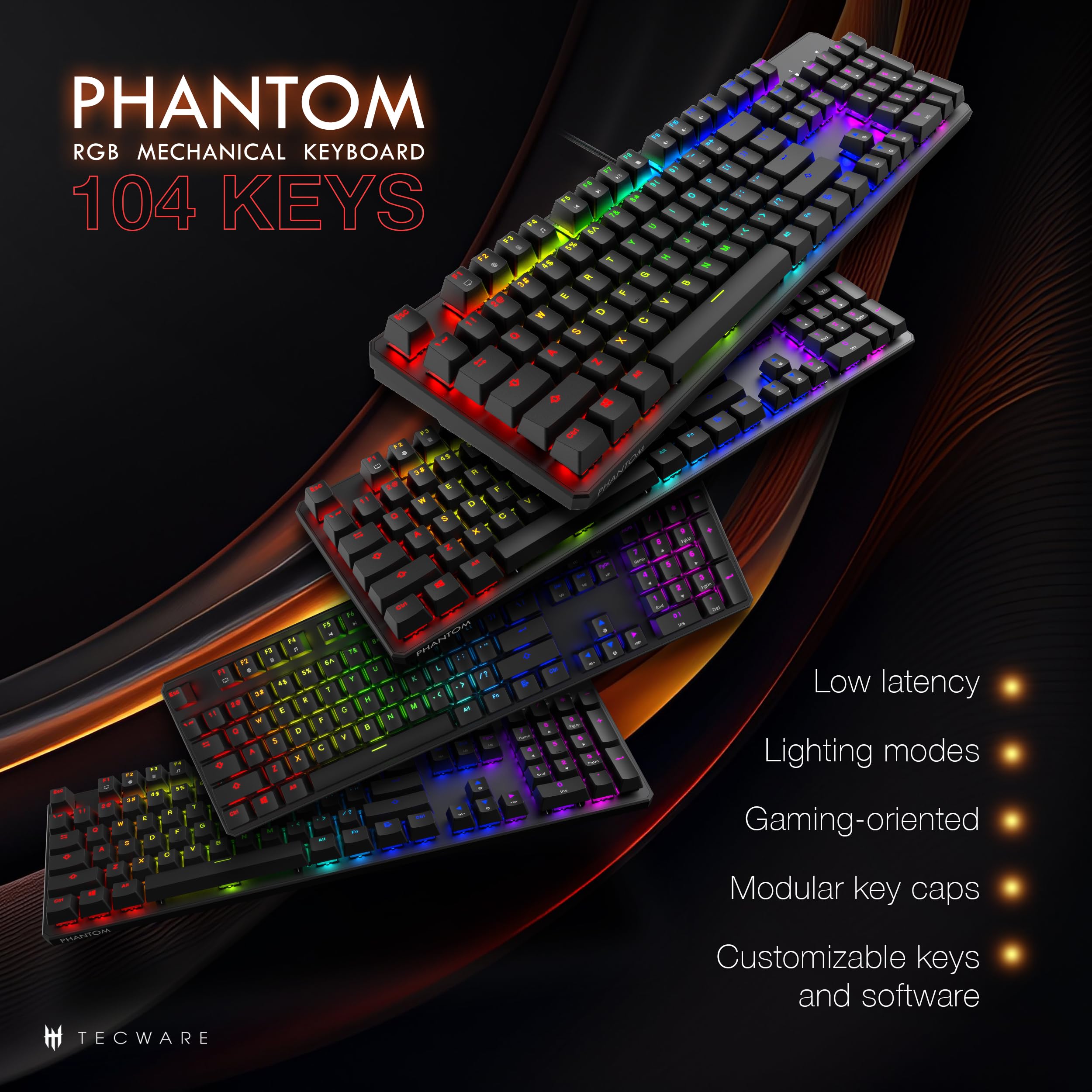 TECWARE Phantom 104 Key Full Size RGB Mechanical Gaming Keyboard with Numpad, LED Backlit, Typewriter Sound, Clicky Switch, Outemu Blue