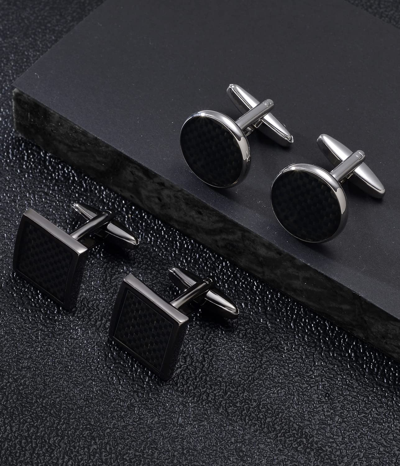 Fxiqini 2 Pairs Classic Tuxedo Cufflinks for Men Bridegroom Flat Square Round Knot Cuff Links For Business Wedding Silver Black Tone