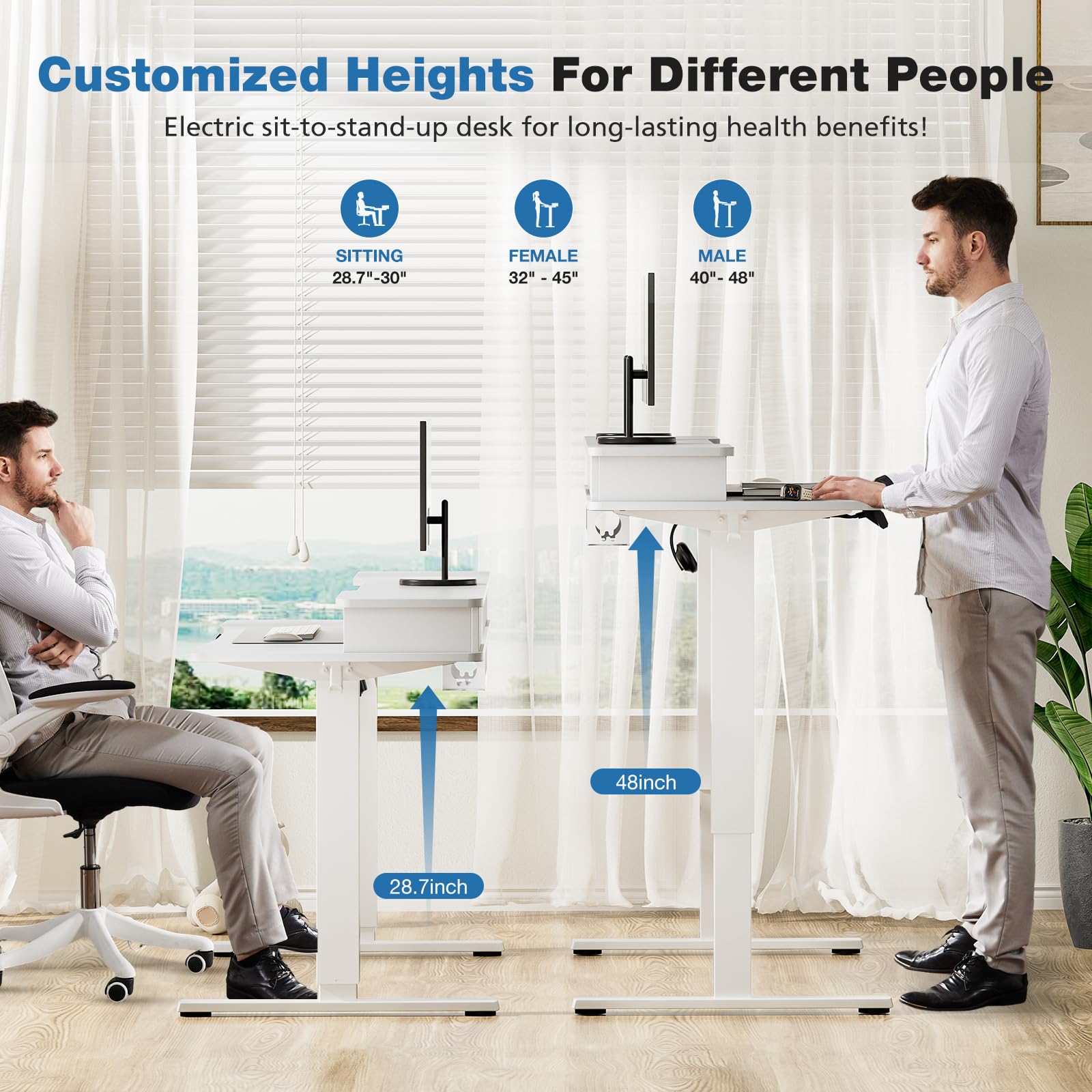 Electric Standing Desk with Double Drawer - 63 x 24 inch Adjustable Height Sit to Stand Up Desk with Storage Shelf, Rising Home Office Computer Table with Splice Board, 2 Hook and Wire Hole for Work