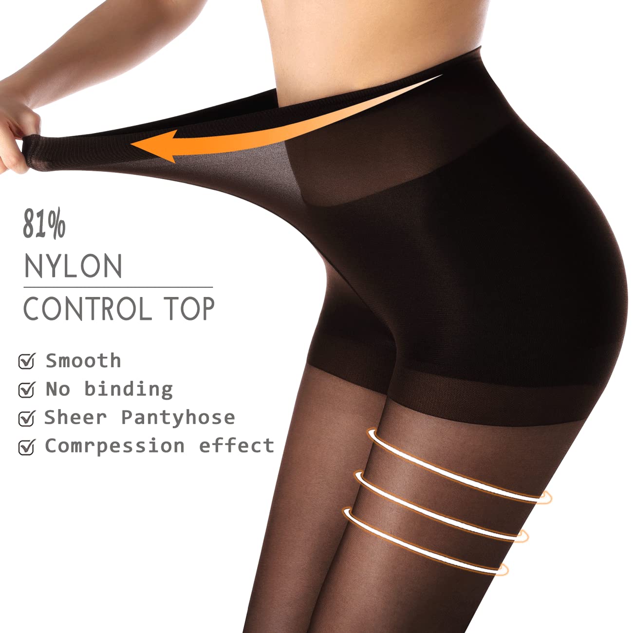 HA WA Black Tights for Women, 3 Pairs Sheer Tights with Control Top Pantyhose(black,L)