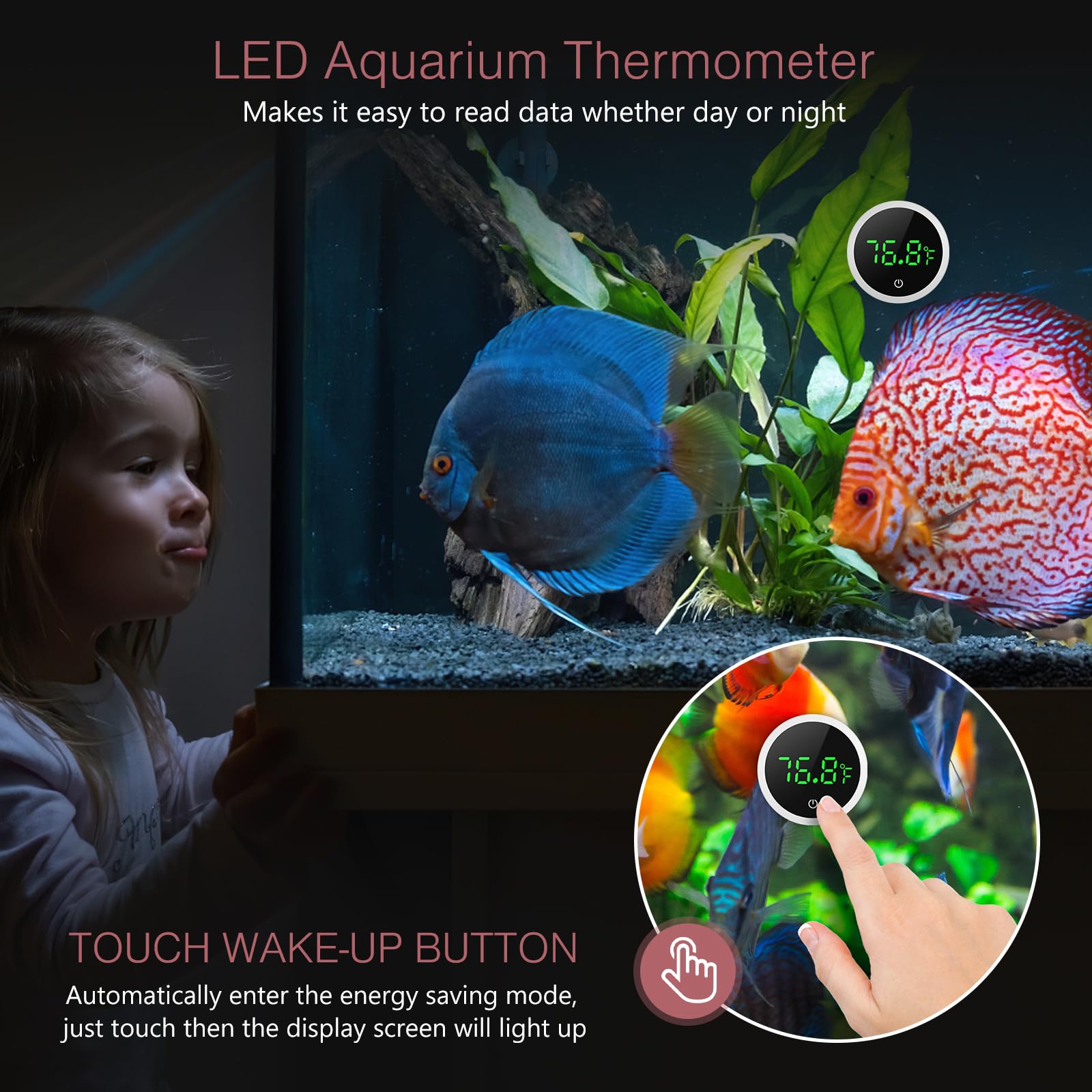 LOFICOPER Aquarium Thermometer, Digital Fish Tank Thermometer, Stick-on Reptile Thermometer with LED Touch Screen, Battery, for Fish, Aquatic Pets, Axolotl, Turtle, β