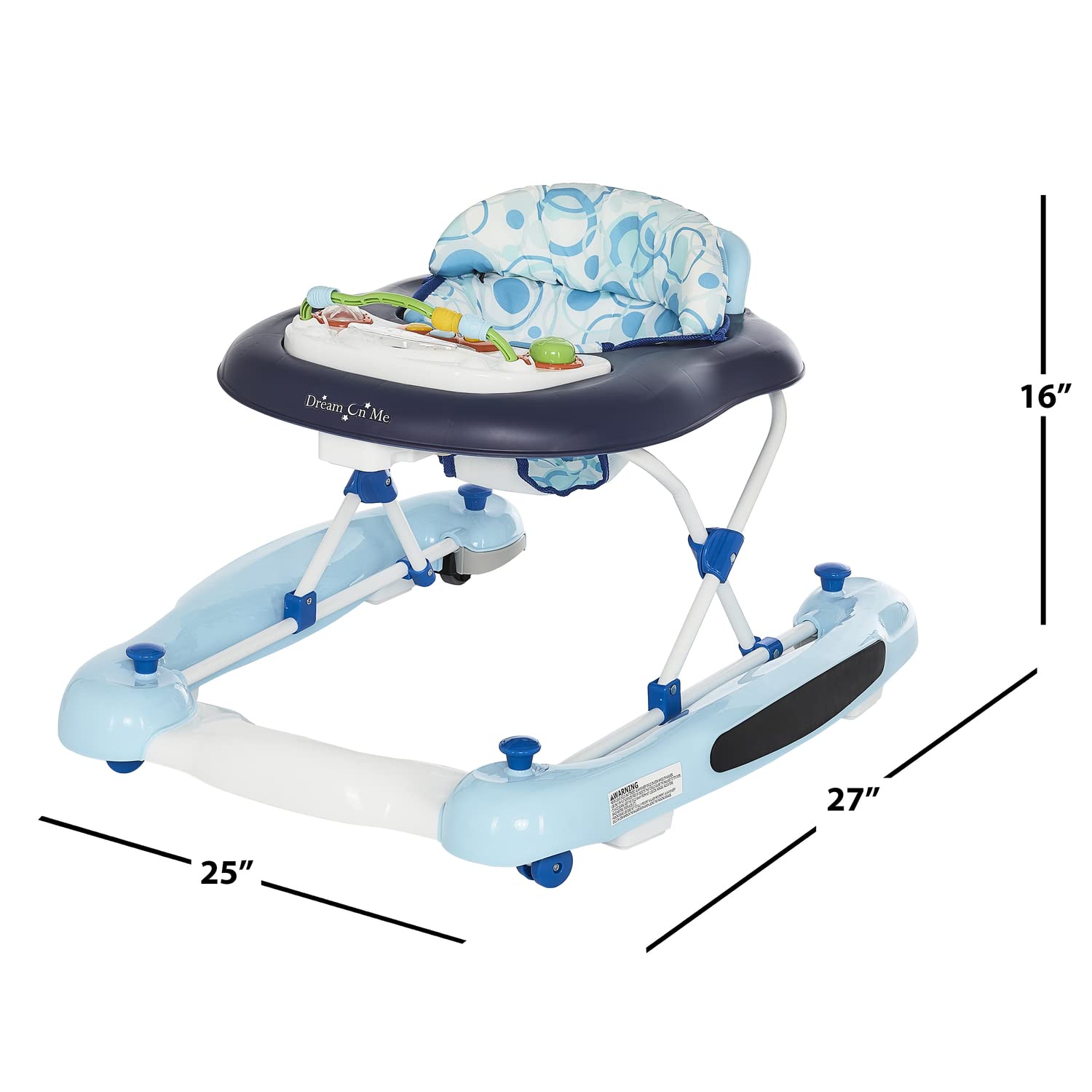 Dream On Me Go-Getter Baby Walker and Walk Behind Walker, Adjustable Seat Height, Comfortable Padded Seat, Easy to Fold, Pack and Store, Detachable Fun Tray, Blue