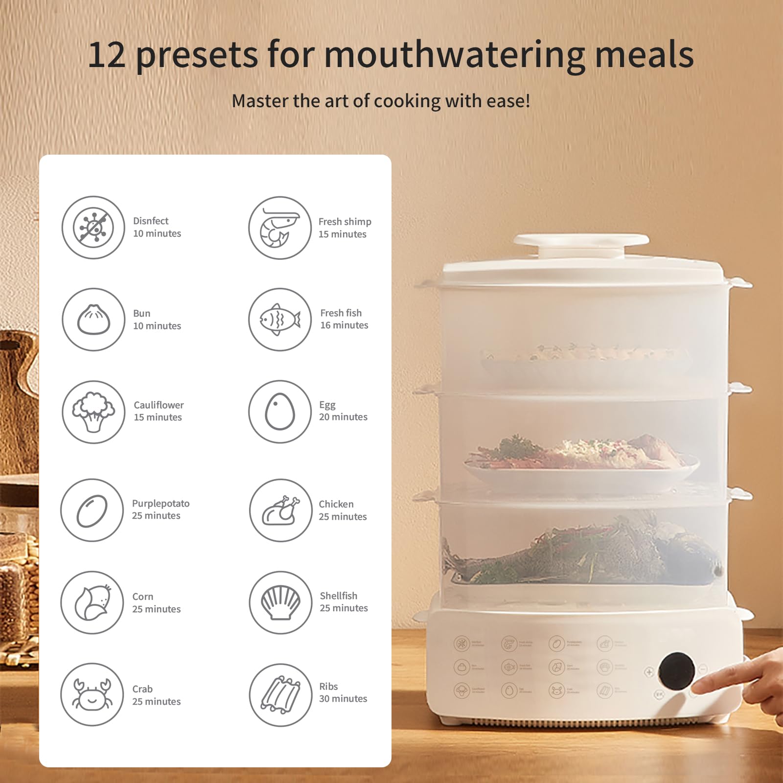 Electric Steamer for Cooking Vegetable Steamer Food Steam Cooker 900w Motor for Fast Steaming Veggie Dumpling Tamale Fish Egg Bun Tortilla,12.68 Quart 3-Tier Design Bpa-Free,Auto Shutoff,Smart Digital