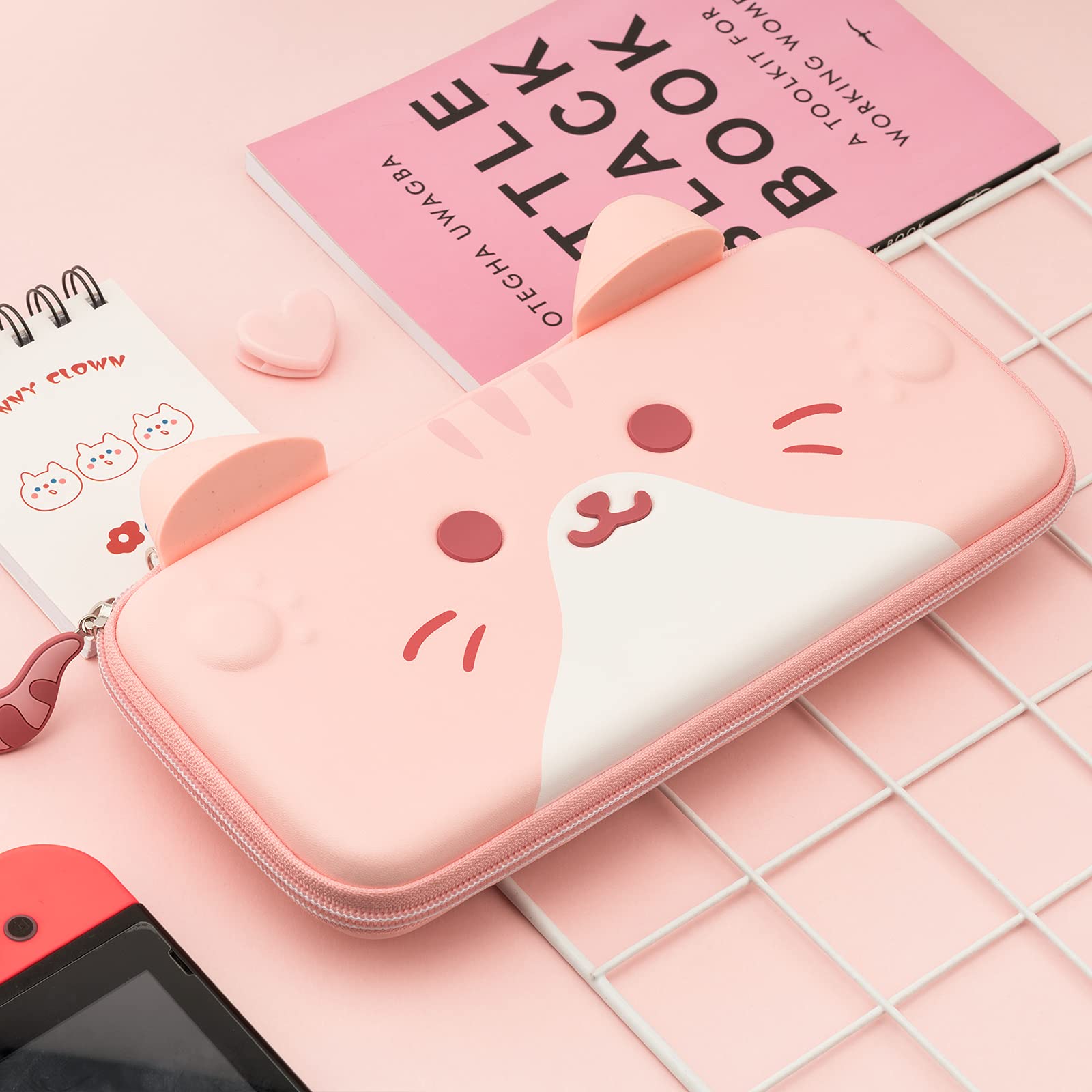GeekShare Cat Ears Carry Case Compatible with Nintendo Switch/Switch OLED - Portable Hardshell Slim Travel Carrying Case fit Switch Console & Game Accessories (Pink, Small)