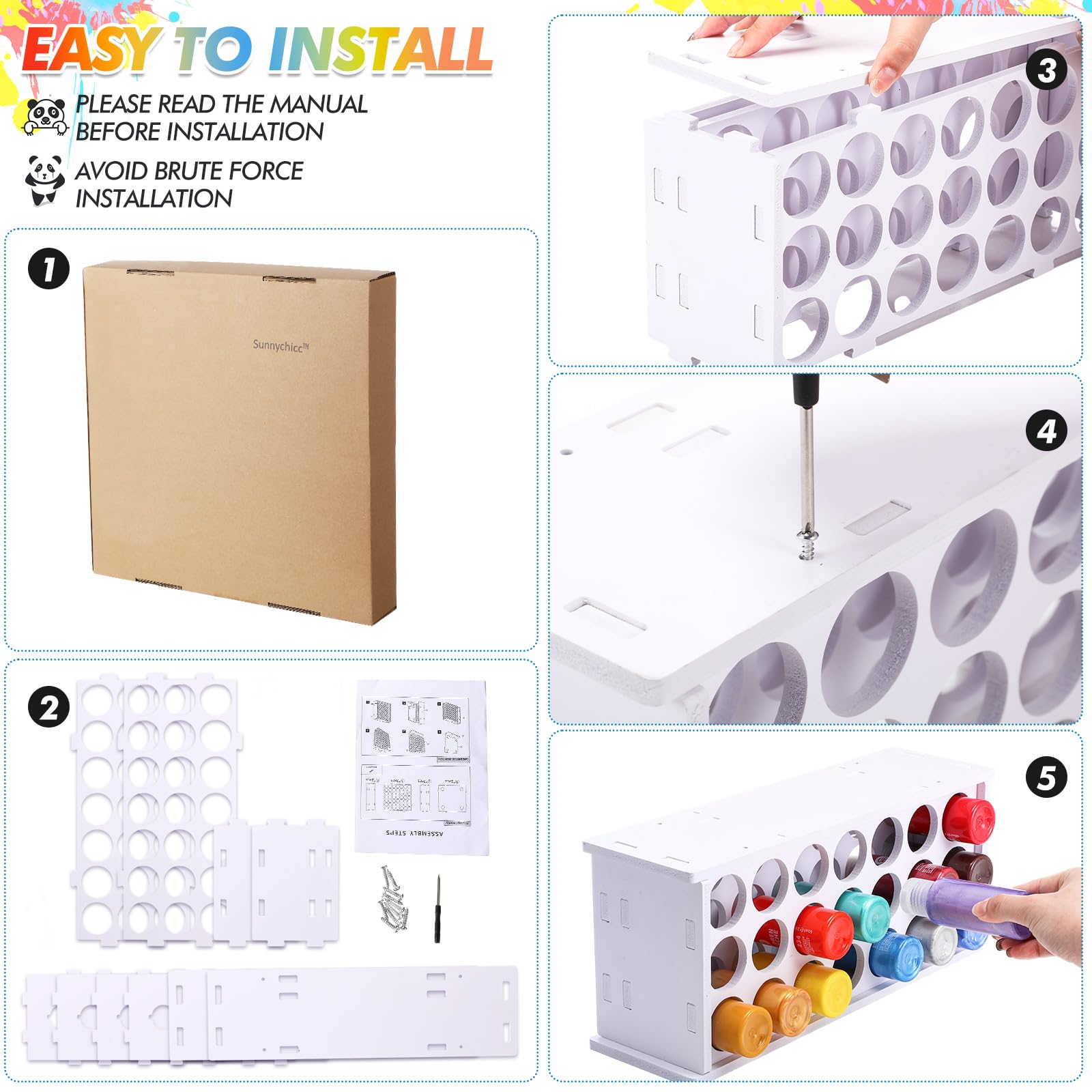Hicarer 2 Pcs 21 Holes Craft Paint Storage Organizer Vertical Paint Rack Stand Paint Storage Containers Wall Mounted Paint Holder Removable Paint Organizer Box for 2oz Paint Bottle Art Supplies