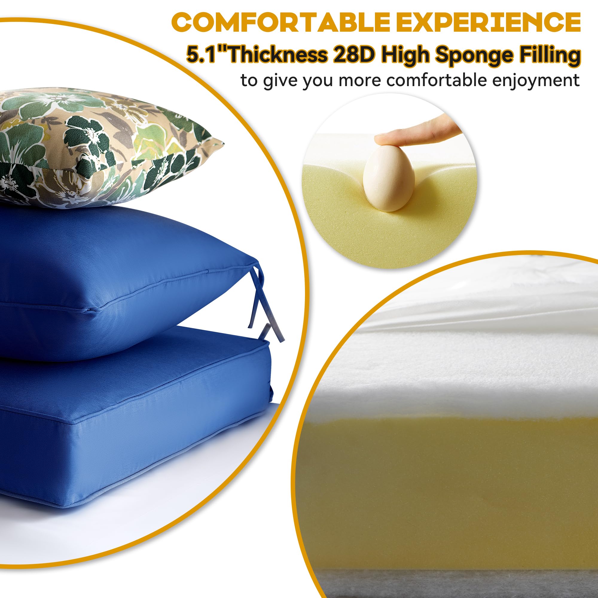 Outdoor Deep Seat Cushion Set of 2,24 x 24 Inch, Deep Seat,Back Cushion and Pillow with Removable Cover and Adjustable Straps for Chair, Sofa, and Couch