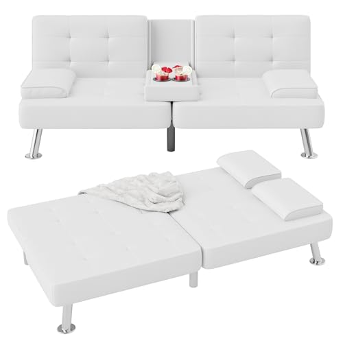 Flamaker Futon Sofa Bed Modern Folding Futon Set Faux Leather Convertible Recliner Lounge for Living Room with 2 Cup Holders, Removable Armrests (Faux Leather, White)