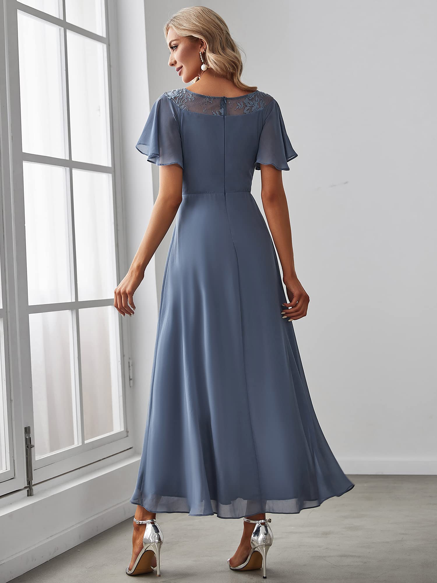 Ever-Pretty Women's Ruffles Sleeve High Low Lace Beaded Chiffon Midi Bridesmaid Gowns Wedding Guest Dress Dusty Blue US14