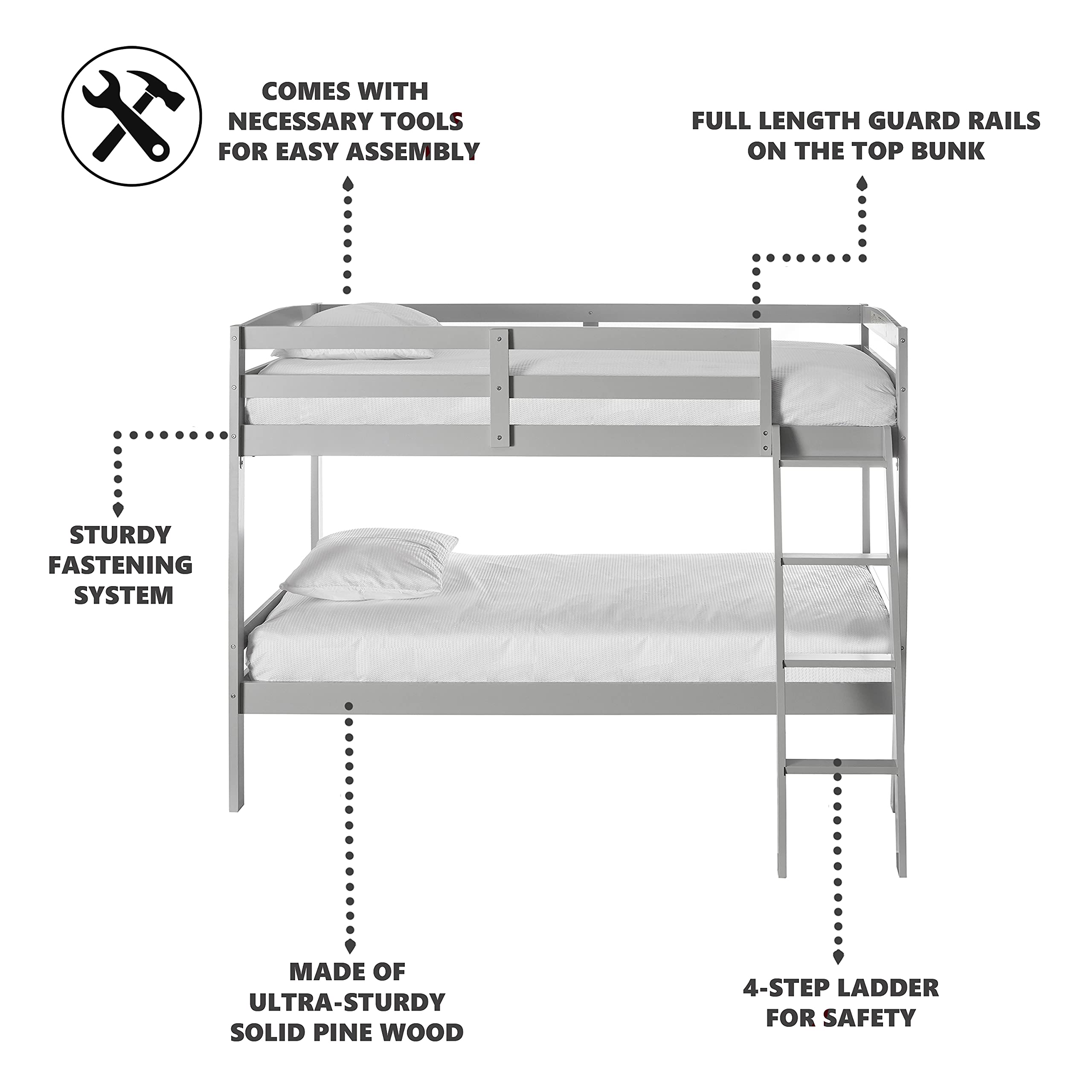 Dream On Me Taylor Twin Over Twin Bunk Bed, Grey (708N-G)