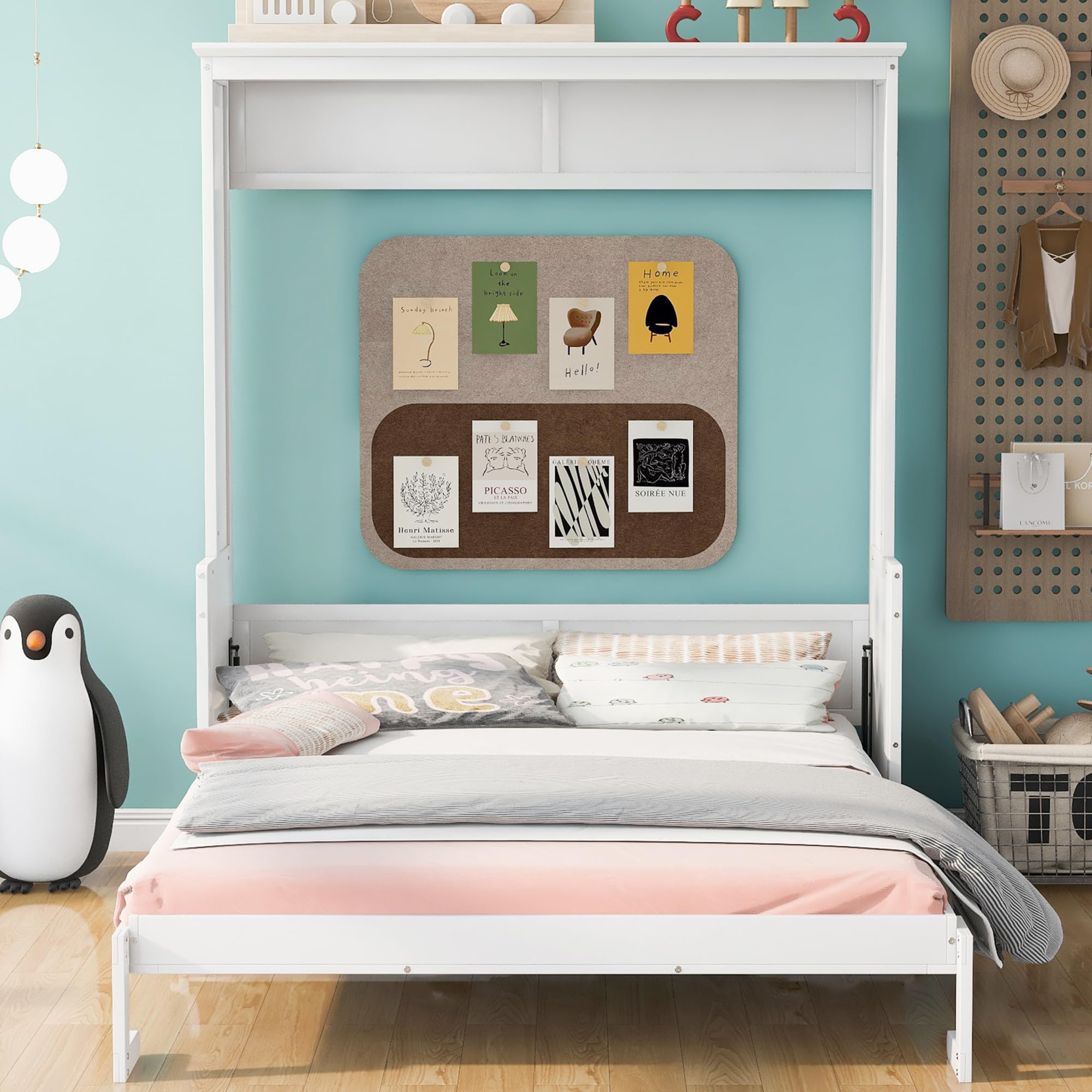 Jintop Queen Size Murphy Bed with a Shelf,Wooden Space-Saving Wall Cabinet Bed Frame,w/Slat Support,for Kids Bedroom,Student Dorms,Guest Rooms,Studio,Office,White