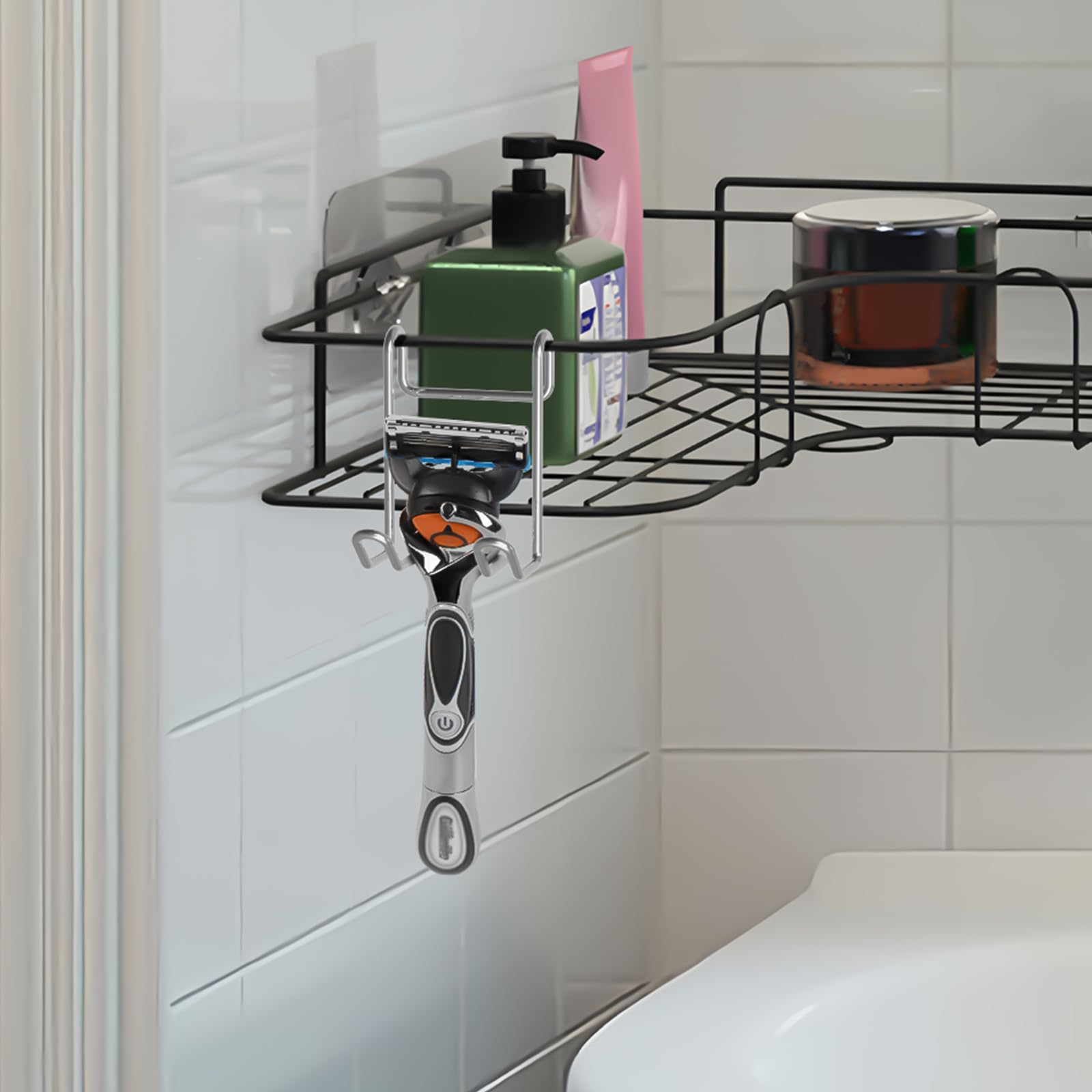 Linkidea Shower Caddy Shelf Hooks, Stainless Steel Hangers for Wall Mounted Shower Room Basket Attachment, Organize Loofah, Razor, Body Brush, Compatible with Gillette Fusion5 (Silver 4Pack)
