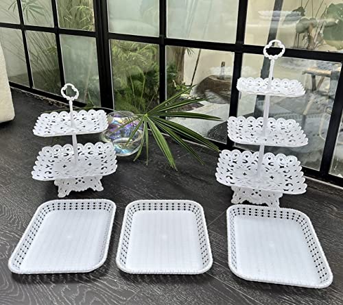 Set of 7 Pieces Cupcake Stands Plastic Dessert Stand Cupcake Holder Plate Serving Tray Fruit Plate for Wedding Birthday Party Fruits Desserts Candy Bar Display White