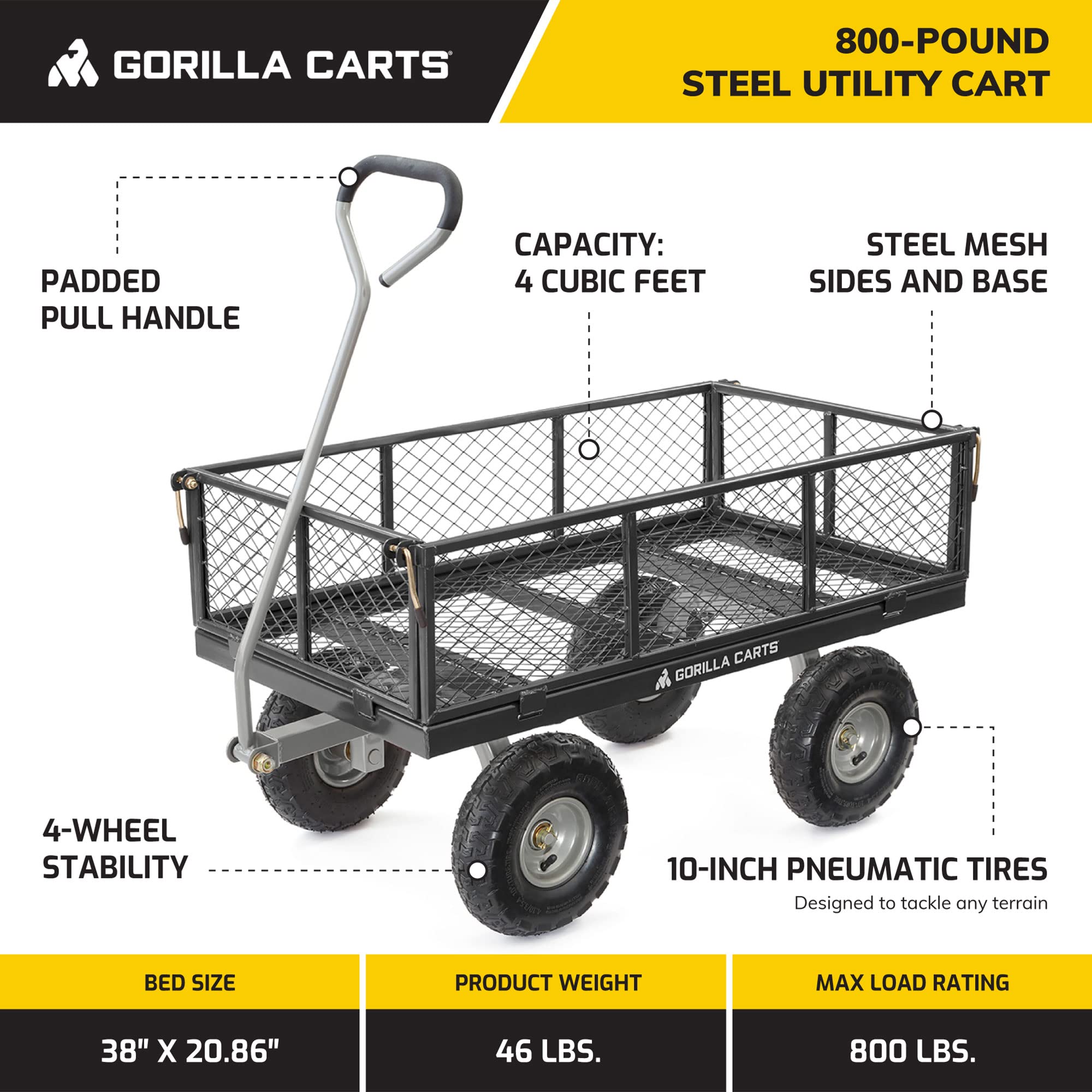 Gorilla Carts 800 Pound Capacity Steel Utility Cart, Flatbed Dolly Gardening Cart Outdoor Yard Wagon with Tow Handle and Removable Sides, Grey
