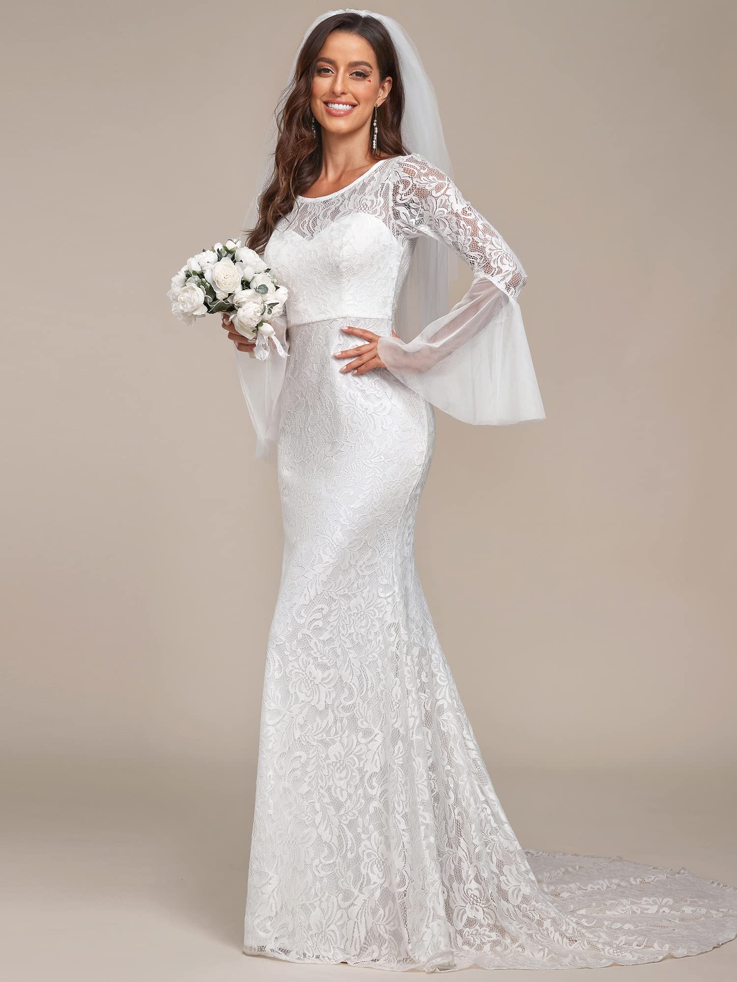 Ever-Pretty Women Lace Flare Sleeve Long Bridesmaid Dress Evening Party Dress White US16