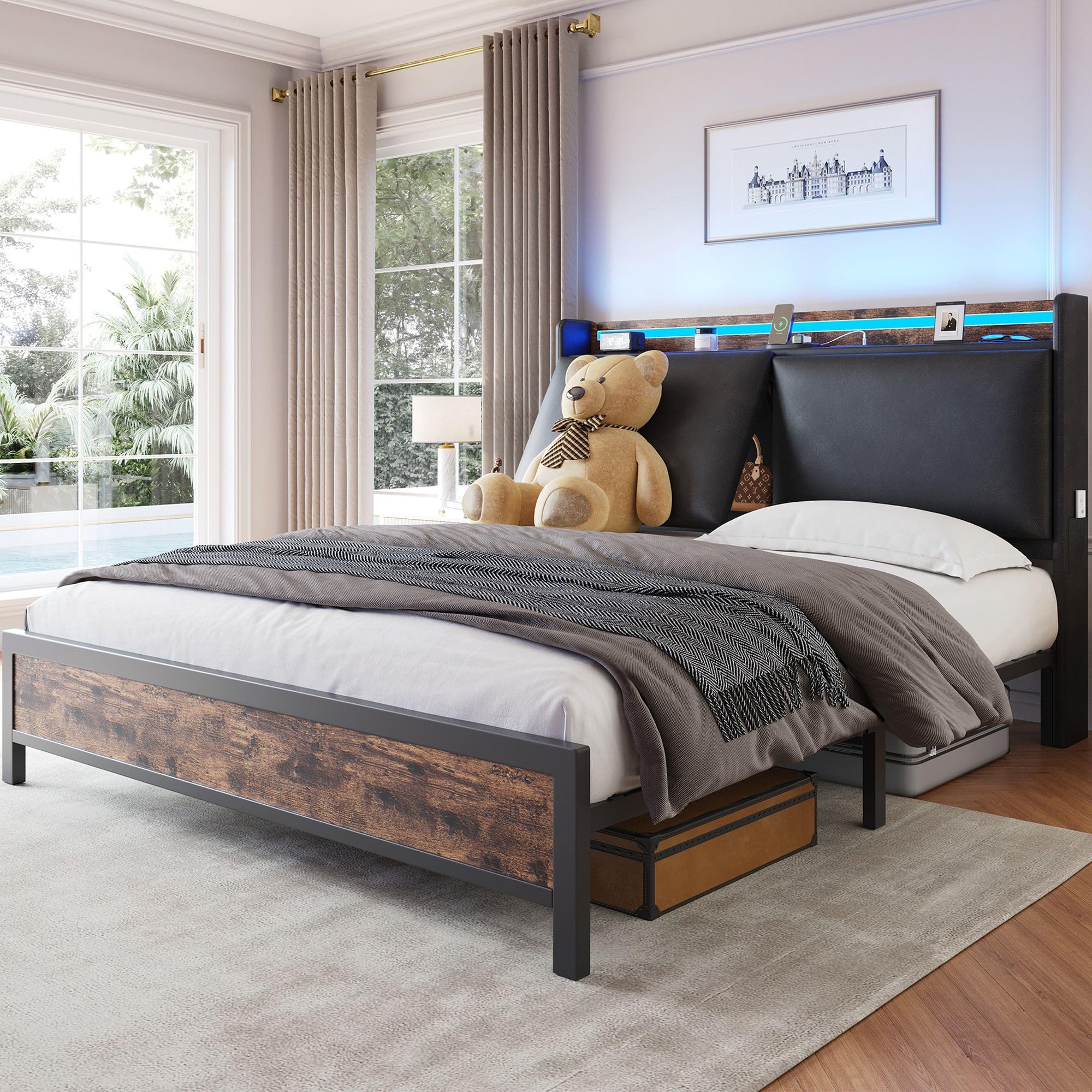 Queen Size Bed Frame with Adjustable Ergonomic Hidden Storage Headboard, PU Leather Upholstered Metal Queen Bed Frame with Charging Station and LED Lights, Heavy Duty, No Box Spring Needed, Black
