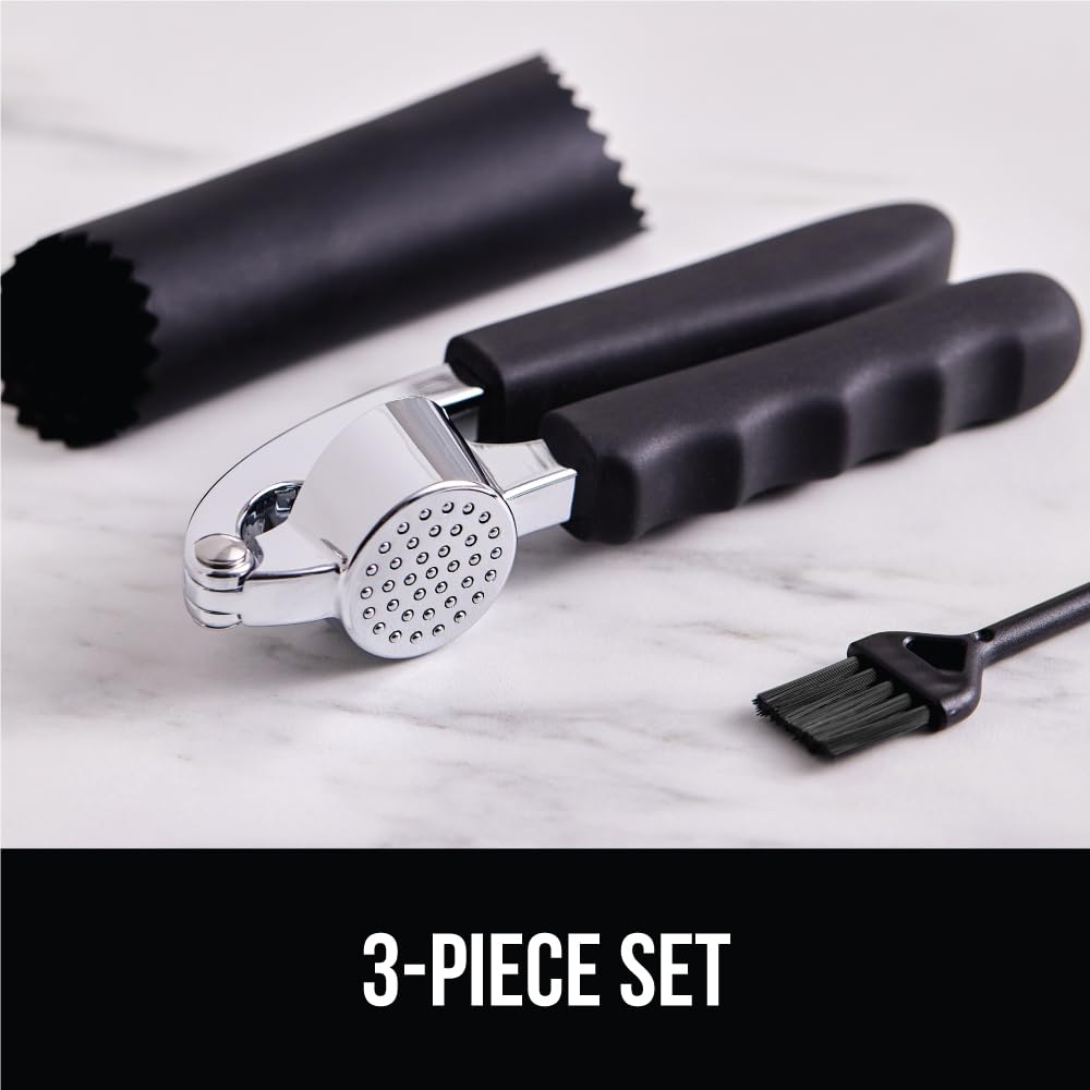Gorilla Grip Garlic Press and Peel Set, Heavy Duty Mincer Tool, Easily Mince and Crush Garlics, Ginger, Nuts, Seeds, Large Ergonomic Handle, Peeler Included for Peeling Cloves, Kitchen Gadgets, Black