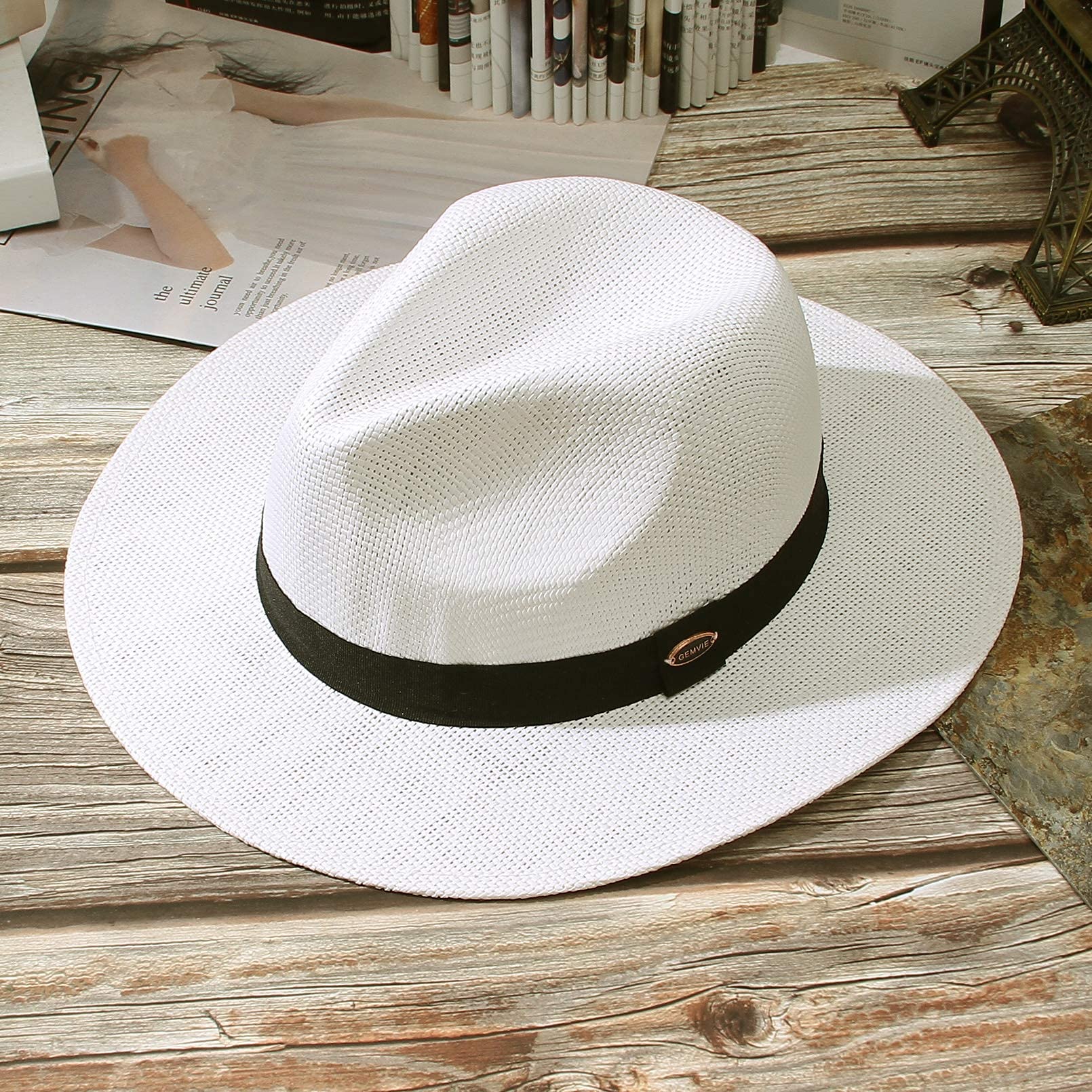 GEMVIE Straw Sun Hat for Men and Women Fedora Hat Straw Panama Hat for Summer Beach White