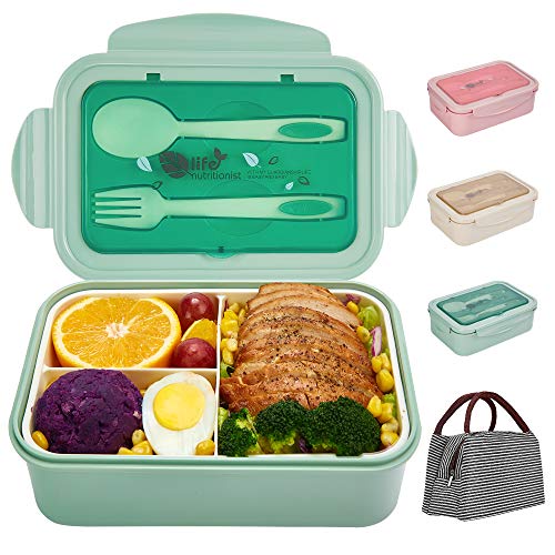 Porzu Bento Lunch Box, 1400 ML Lunch Box Meal PrepFor Kids & Adults,3 Compartments Portable Food Container with Utensil (Green)