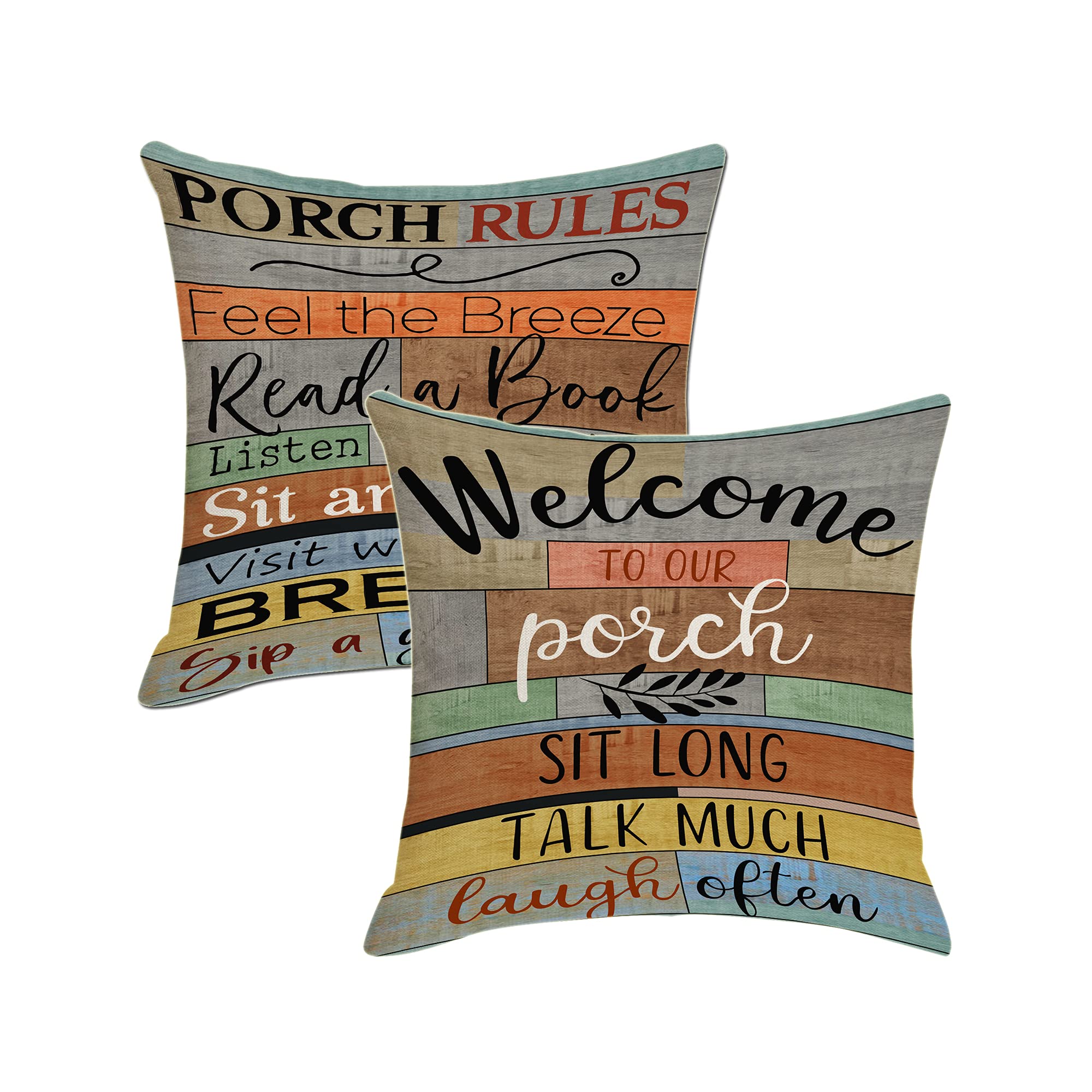 Jartinle Decorative Outdoor Pillow Covers Porch Rules Sign Farmhouse Throw Pillow Covers, Square Linen Patio Cushion Cases for Couch Bench Seat Chair Car 18x18 Inch