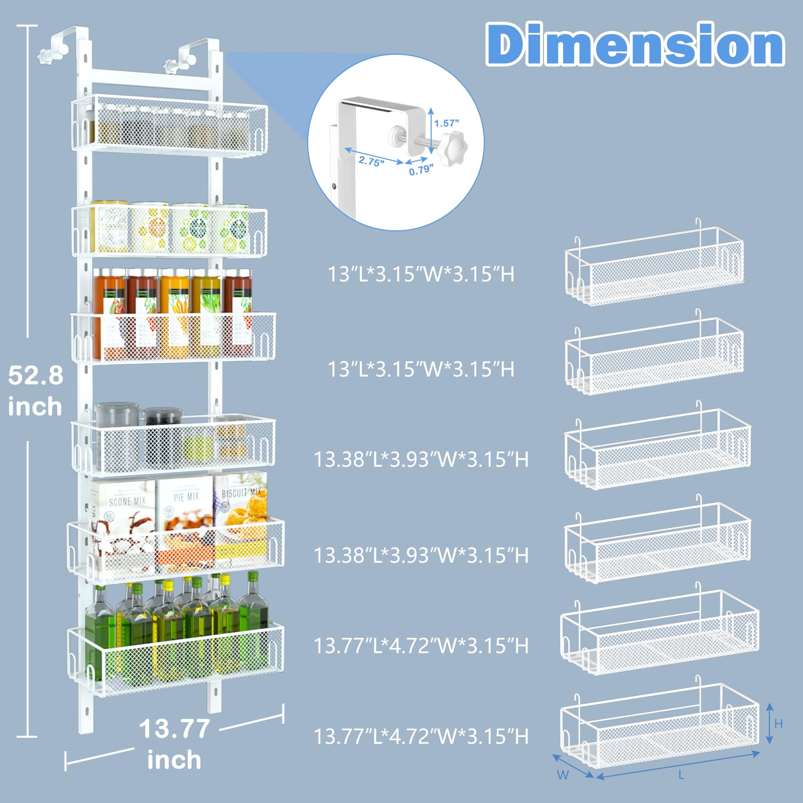 Emmalee Over the Door Pantry Organizer, 6-Tier Hanging Spice Rack with Adjustable Hooks Detachable Frame, Space Saving Door Organizer for Kitchen, Storage Room, Bathroom, Bedroom (6 Tier, White)