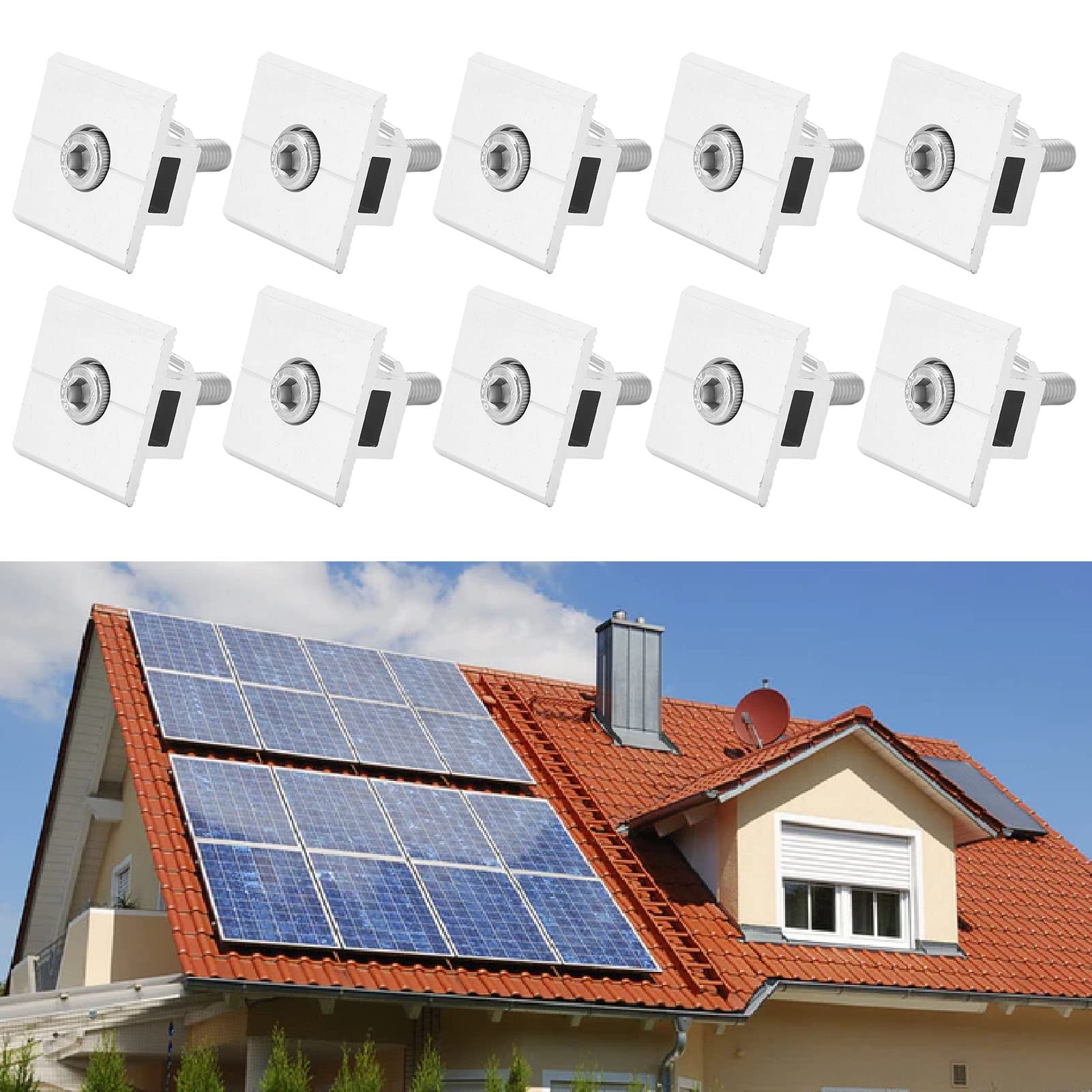 FOLOSAFENAR Solar Panel Mid Clamps, Time Saving High Mechanical Strength 10Pcs Aluminum Solar Bracket Mid Clamp for Roof PV System