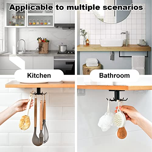 Under Cabinet Kitchen Hooks, 360° Rotating Hook with 6 Claws, Nail Free Adhesive Kitchen Utensils Hanging Hooks Utensil Rack for Kitchen Utensils,Tools,Towel(Pack of 4, Black)
