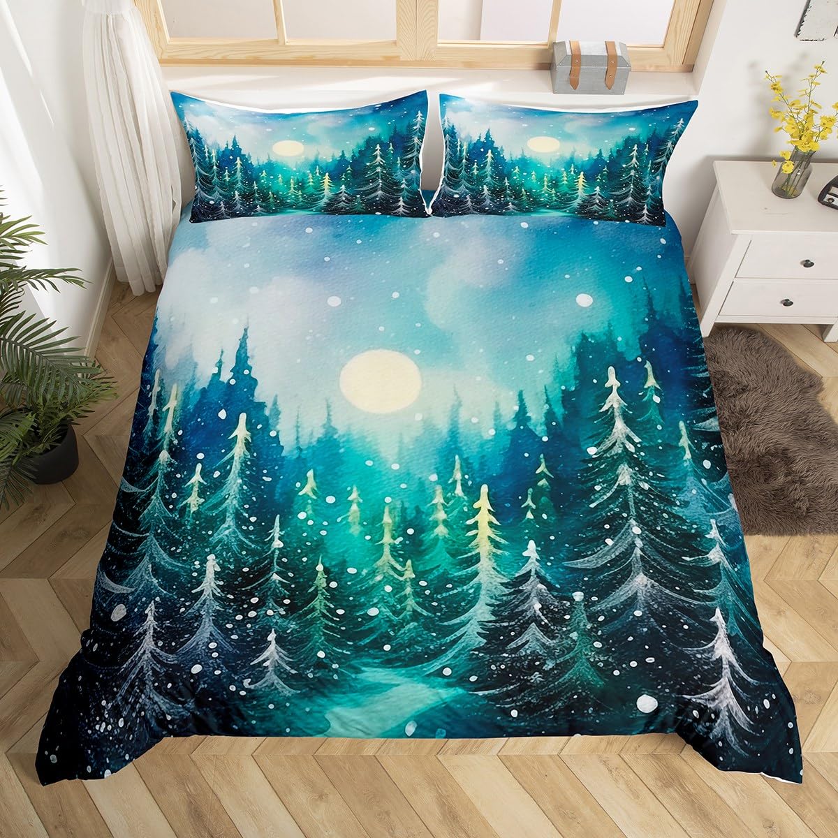 Pine Trees Christmas Duvet Cover Set Queen Size, Moonight Starry Sky Bedding Set,Boys Girls Room Decor,Pines Botanical Leaves Natural Comforter Cover,Cyan Rustic Farmhouse Quilt Cover,2 Pillowcases