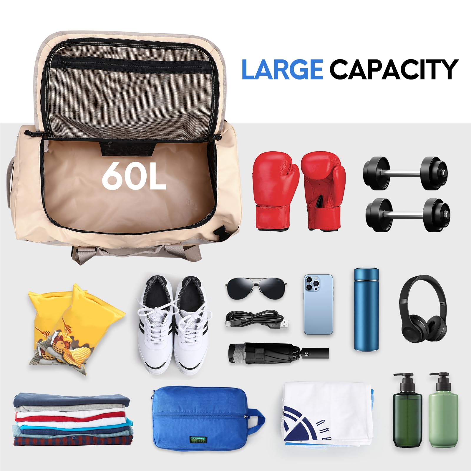 Haimont Large Sports Duffel Backpack Bag for Men, Travel Duffel Bags with Backpack Straps, Heavy Duty and Water Resistant, Beige,60L