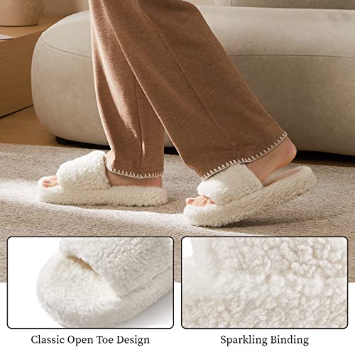 posee Fuzzy Memory Foam Slippers for Women, Fluffy Open Toe Slippers Curly Fur Cozy Flat Spa Slide Slippers Comfy Soft Non-Slip House Shoes Indoor and Outdoor, Warm Gift