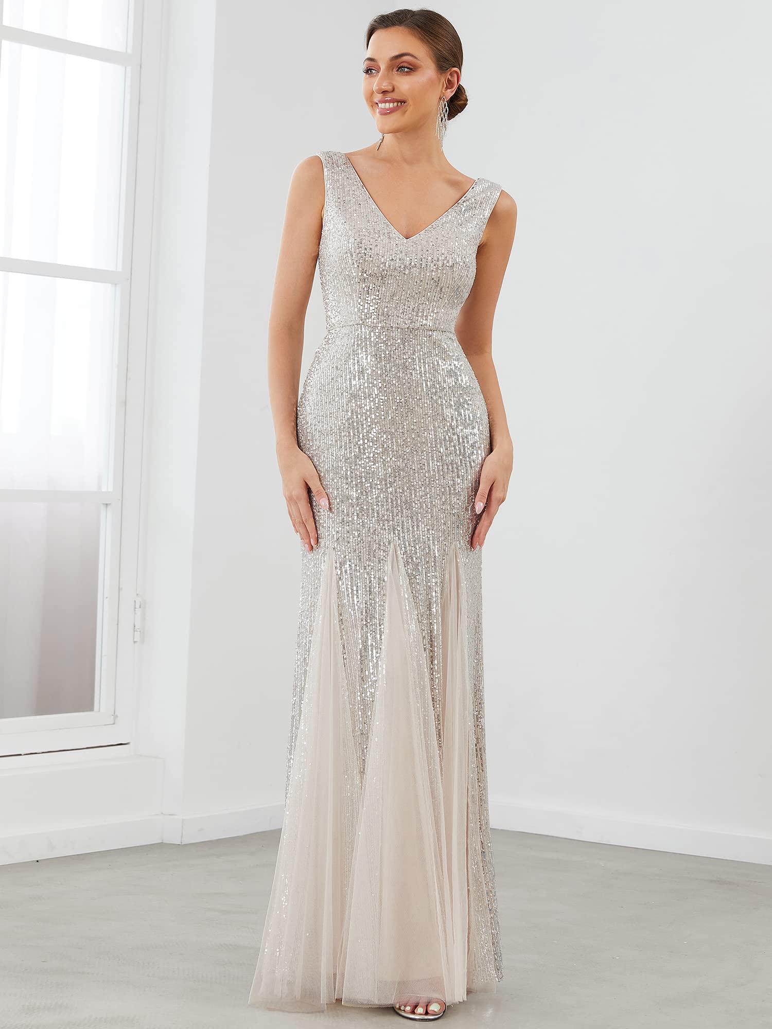Ever-Pretty Women's Sexy V-Neck Backless Mermaid Evening Maxi Dress Rose Gold US8