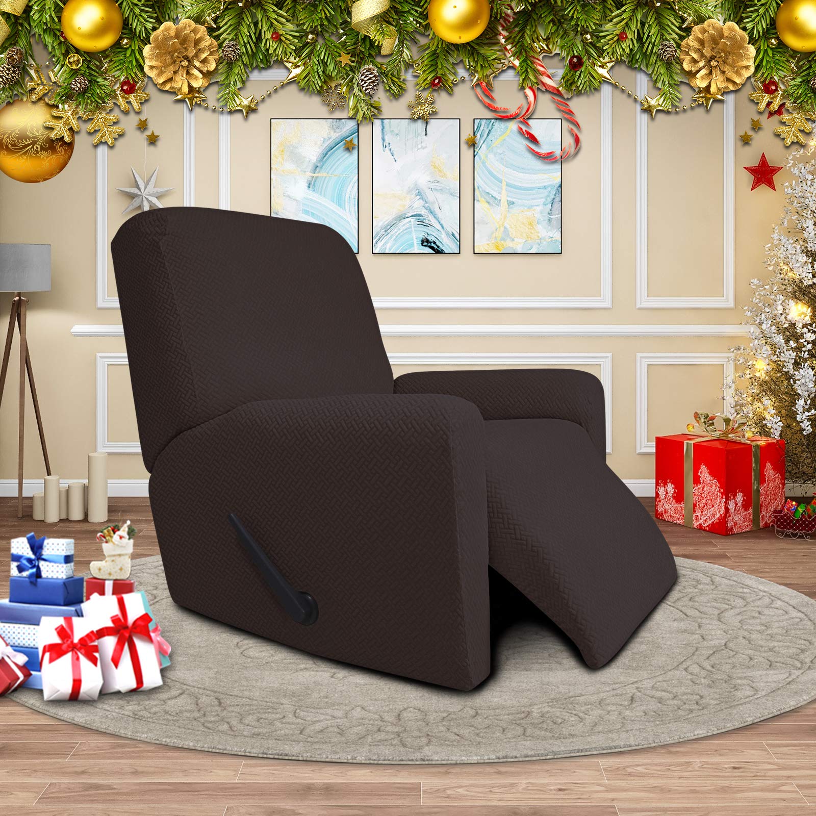 Easy-Going Stretch Jacquard Recliner Couch Cover, 4-Piece Soft Sofa Cover, Sofa Slipcover with Elastic Loop, Washable Furniture Protector for Kids, Pets, Dogs, Cats (Recliner, Chocolate Brown)