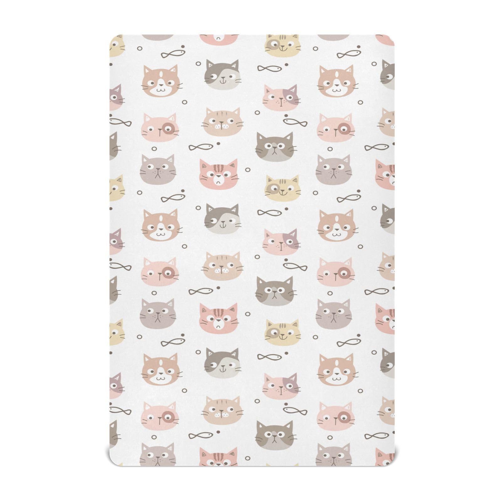 Kigai Cartoon Cat Face Crib Sheets for Boys Girls, Soft and Breathable Pack n Play Sheets, Portable Mini Stretchy Cribs Sheets, 52x28 Inch