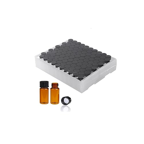 QOAEZK 3ML Glass Sample Vial,Amber Borosilicate Glass Liquid Sampling Sample Glass Thread Bottles,16 * 33mm,13-425 Black Screw Caps with Natural PTFE/White Silicone Liner, pack of 100