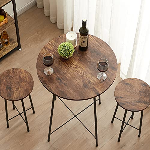 VECELO Small Bar Table and Chairs, Round Bistro Sets with 2 barstools, 3-Piece Pub Dining Furniture, Counter Height Wood Top for Breakfast Dinner Coffee Nap Conference, Easy Assembly, Rustic Brown