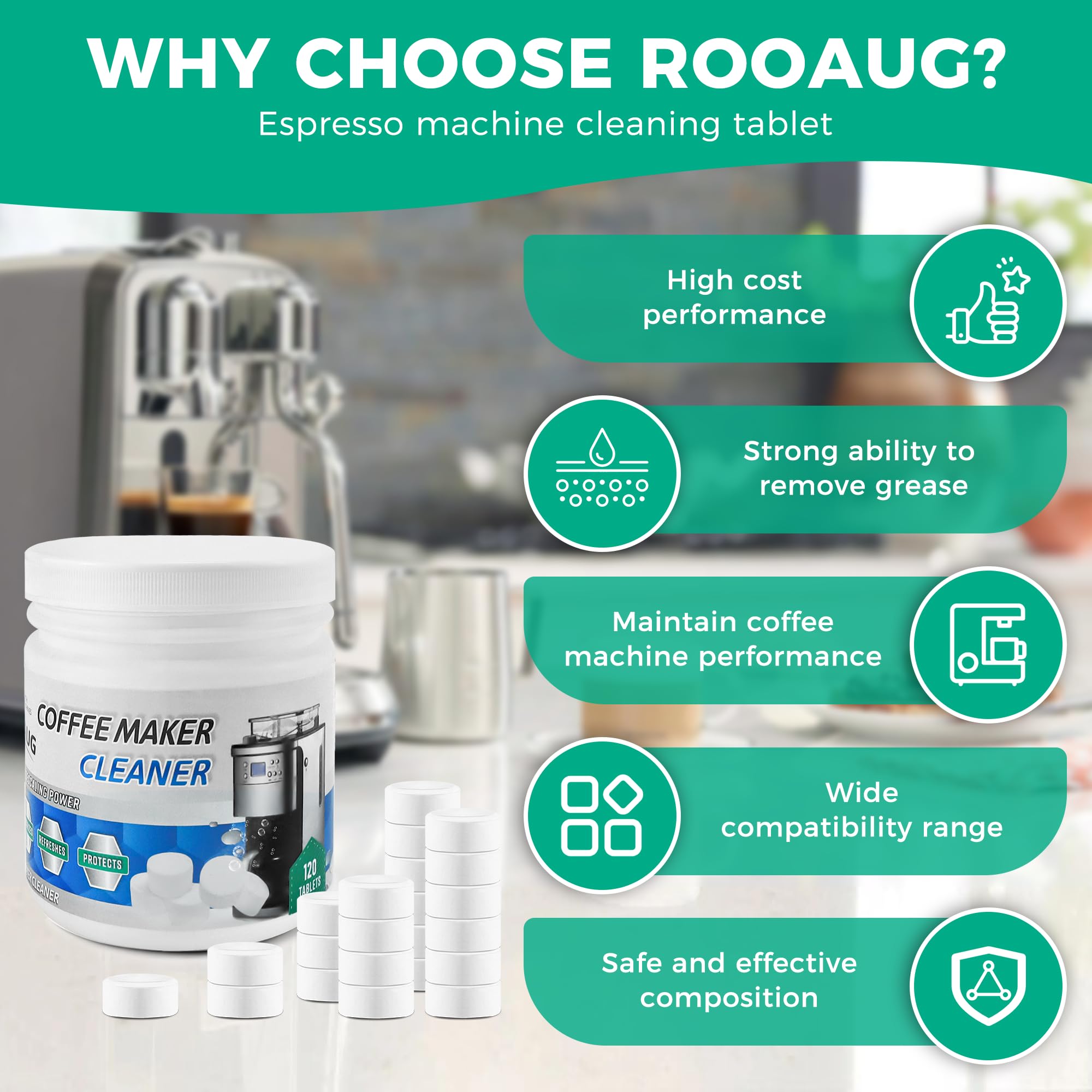 ROOAUG 120 Tabs Coffee Maker Cleaner,Espresso Machine Cleaning Tablets Compatible for all Coffee Machine Models-Cleaning Tablets for Coffee Machine