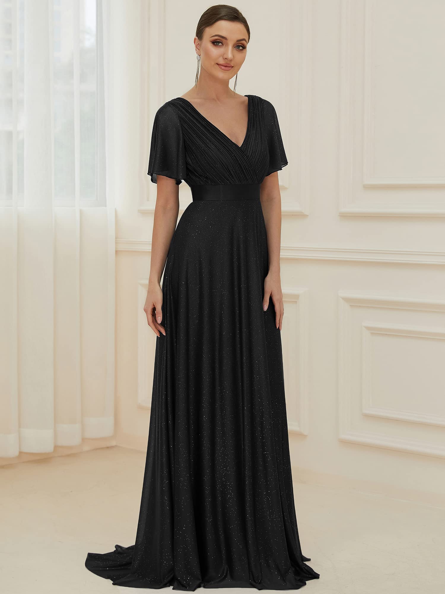 Ever-Pretty Womens Evening Dresses V Neck Short Sleeves A-line Glitter Formal Dresses Black US16