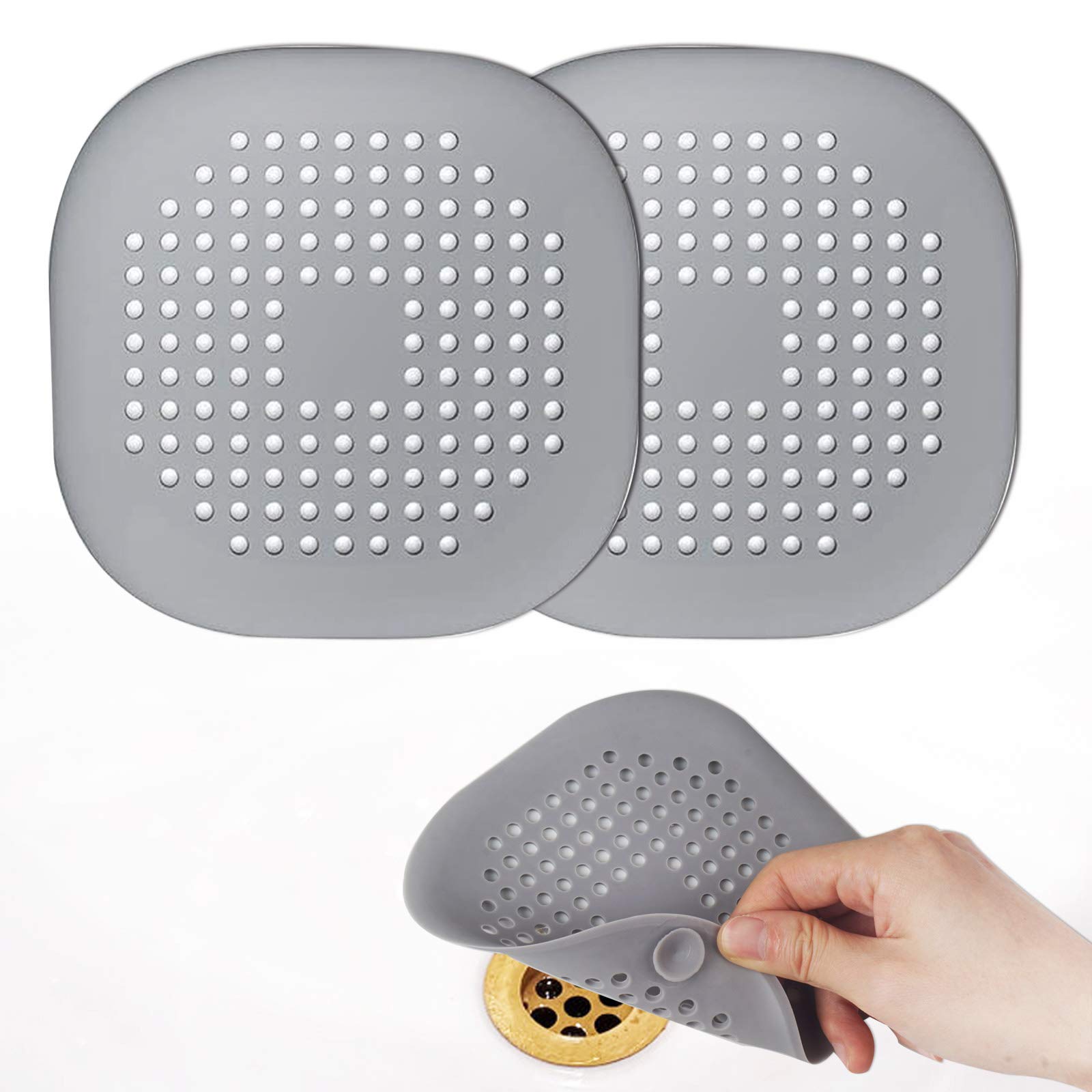 Hair Catcher,Square Drain Cover for Shower Silicone Hair Stopper with Suction Cup,Easy to Install Suit for Bathroom,Bathtub,Kitchen 2 PackGrey