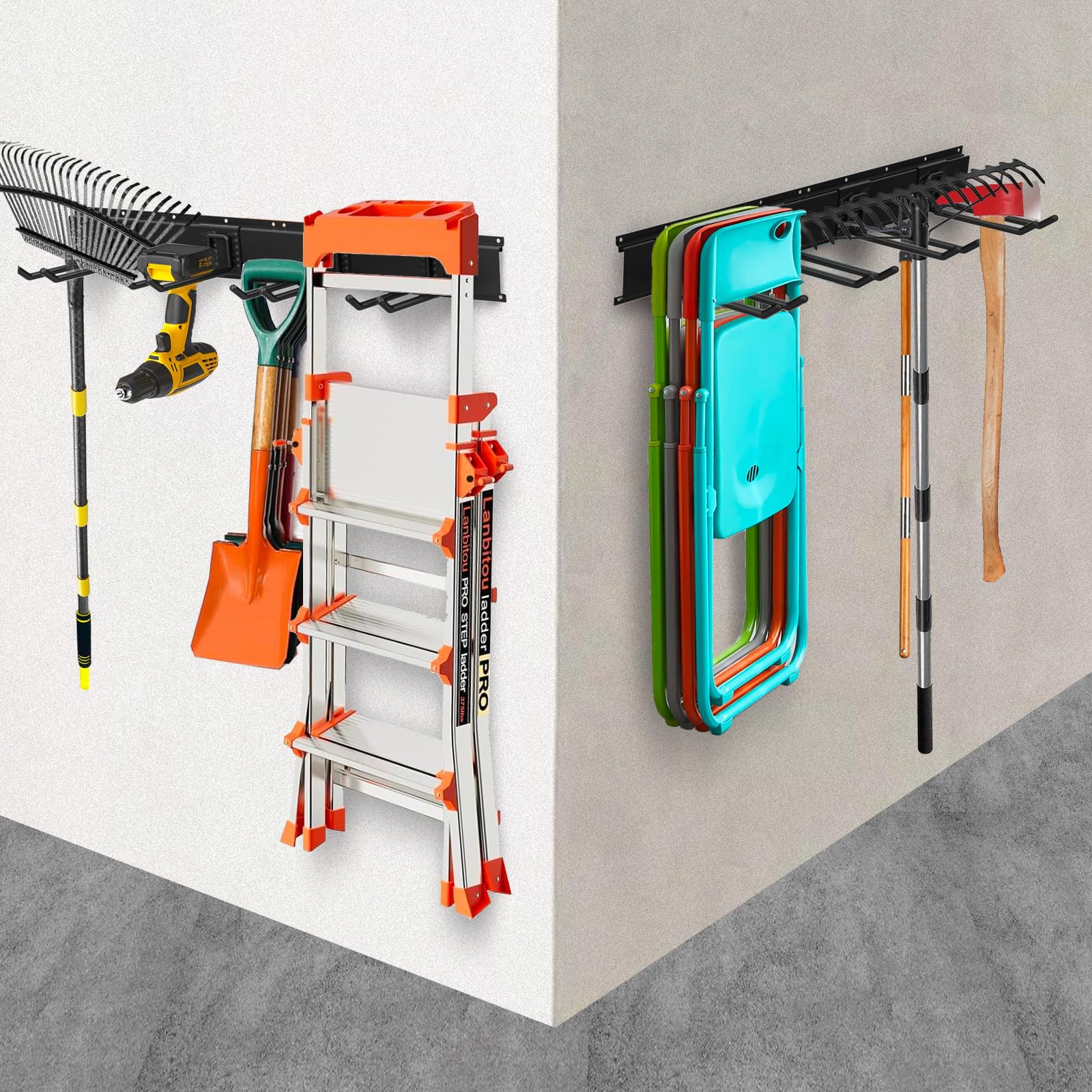 SUBICOO Garage Tool Organizer Wall Mount, Garage Wall Organizer Storage Rack, Super Heavy Duty Garden Tool Hanger Rack for Ski Gears, Chair, Broom, Mop, Rake Shovel Yard Tools (48" Rails + 6Hooks)