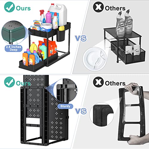 Under Sink Organizers and Storage, 2 Tier Black Bathroom Cabinet Organizer with 4-Height Adjustable Telescopic Tube,4 Removable Dividers,4 Hooks,1 Cup, Kitchen Under Sink Organizer,1 Pack