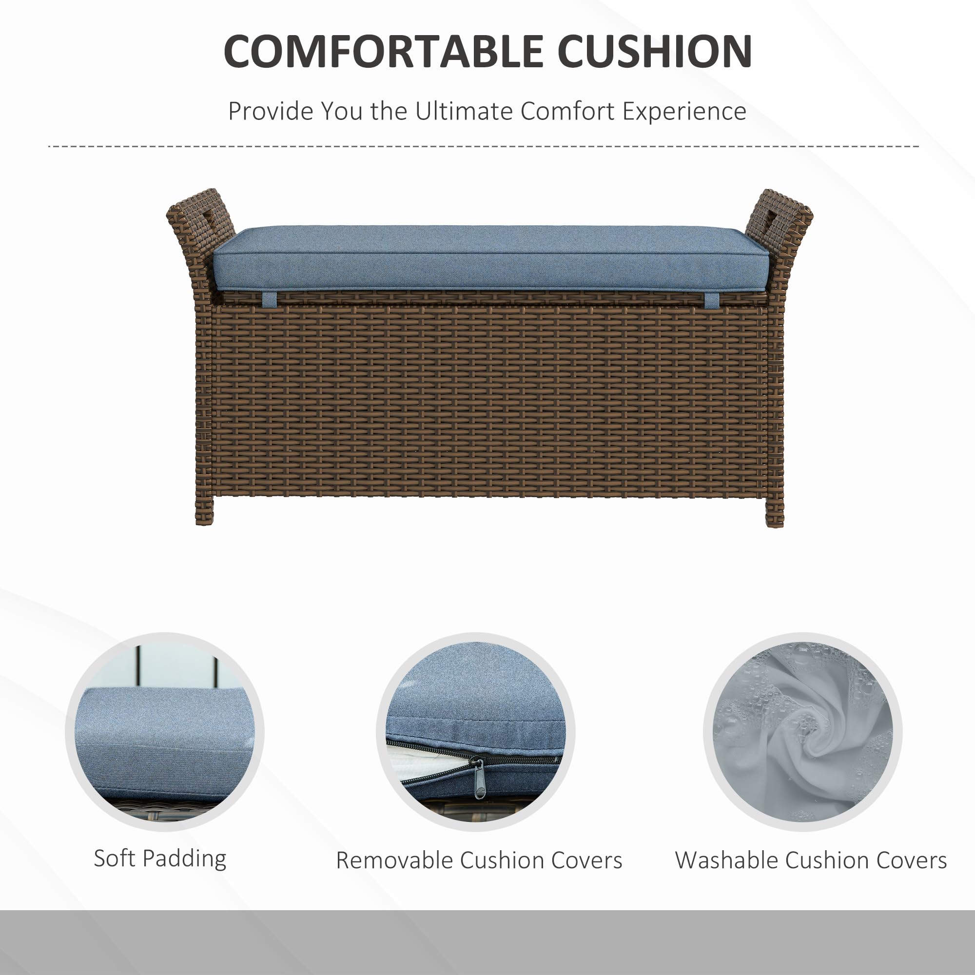 Outsunny 27 Gallon Patio Wicker Storage Bench, Outdoor PE Rattan Patio Furniture, 2-in-1 Large Capacity Rectangle Garden Storage Box with Handles and Cushion, Dark Blue